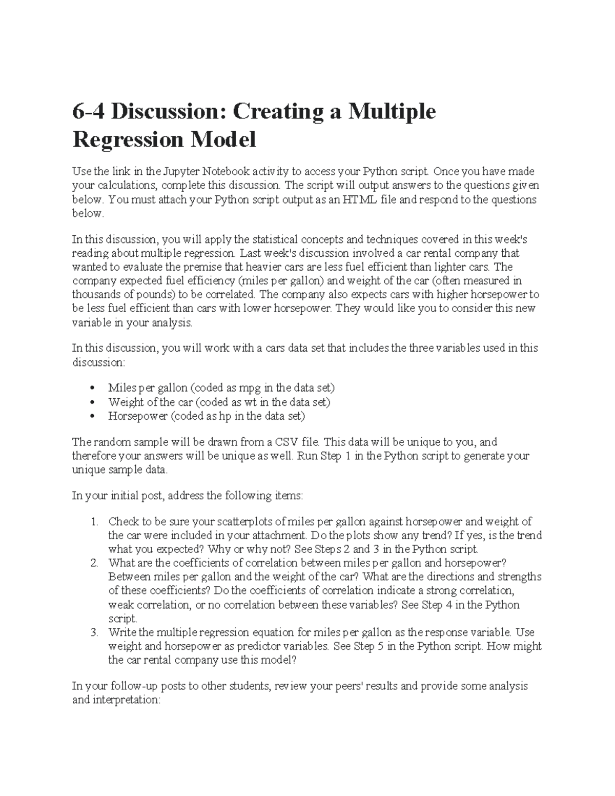 MAT-243 - 6-4 Discussion - Creating a Multiple Regression Model - 6-4 Discussion: Creating a ...