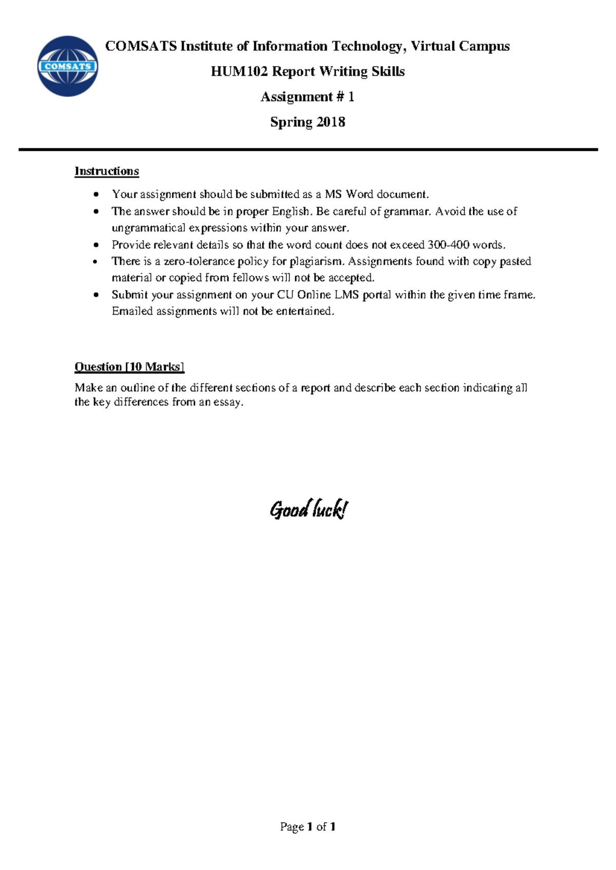 HUM102 Assignment 1 - Lecture - COMSATS Institute of Information ...