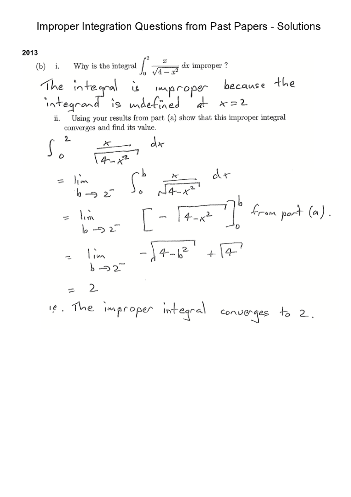 Improper Integral Questions From Past Papers Solutions - (b) [6 marks ...