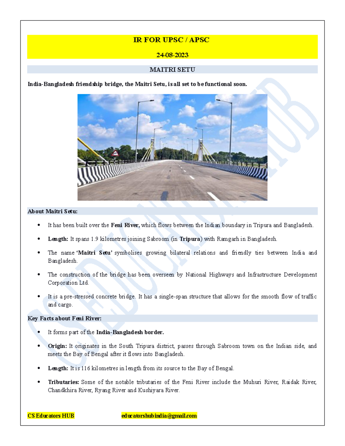 Maitri SETU - ITIYKRYKIORKCTI - IR FOR UPSC / APSC 24-08- MAITRI SETU India-Bangladesh ...