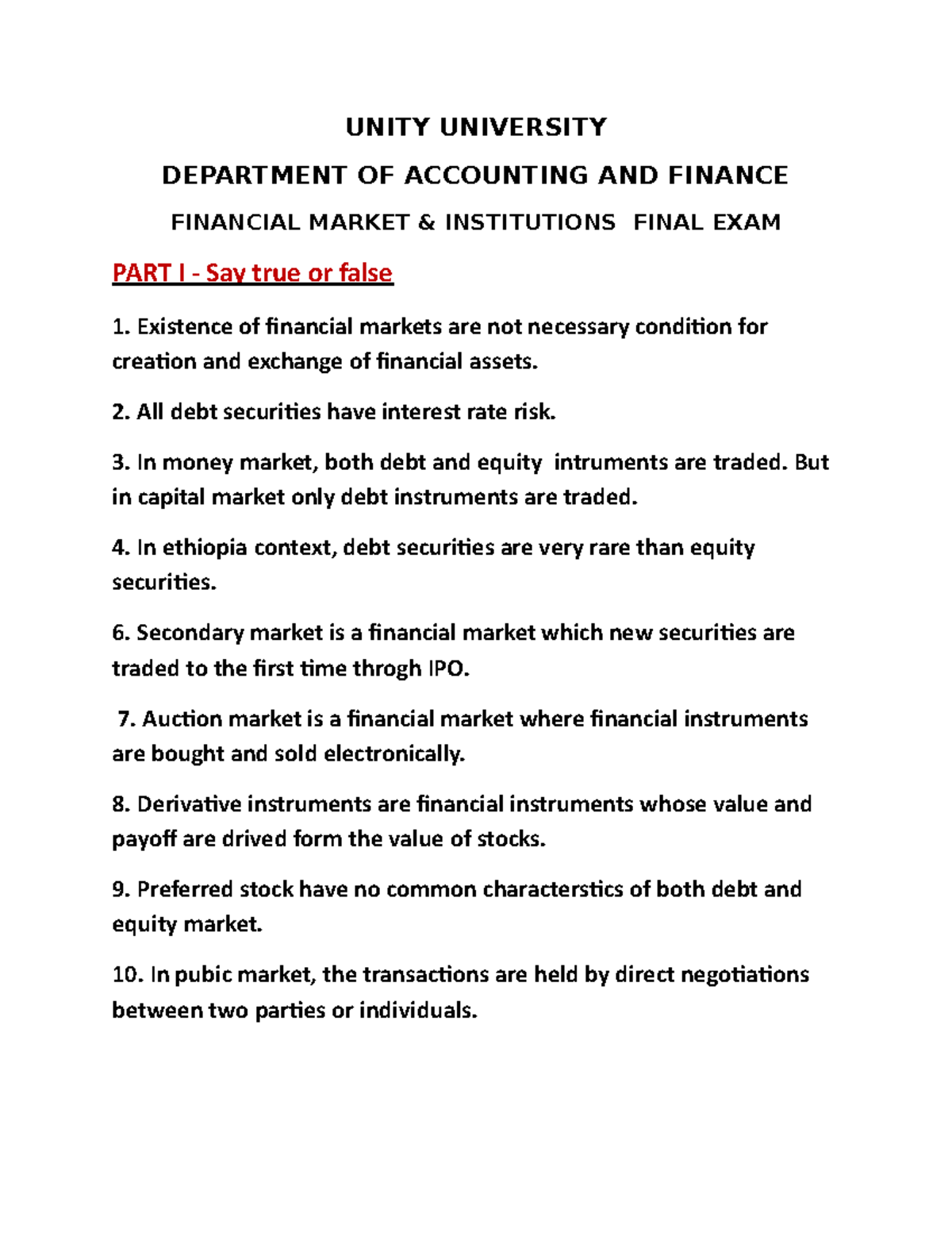 Financial Market Final Questions - UNITY UNIVERSITY DEPARTMENT OF ...