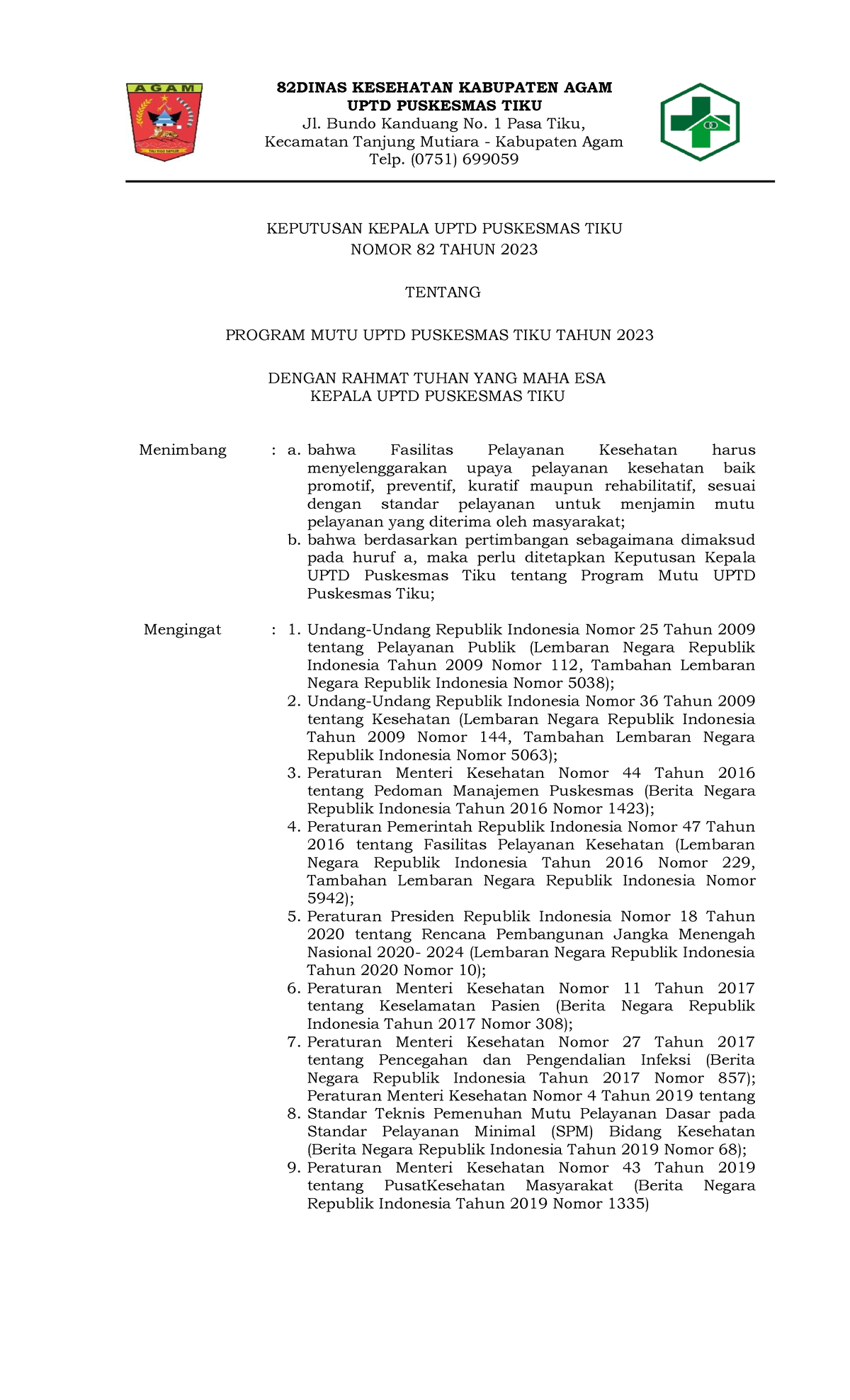 5.1.1.a.2 SK Program Mutu dan KAK ira - 82 DINAS KESEHATAN KABUPATEN AGAM UPTD PUSKESMAS TIKU Jl ...