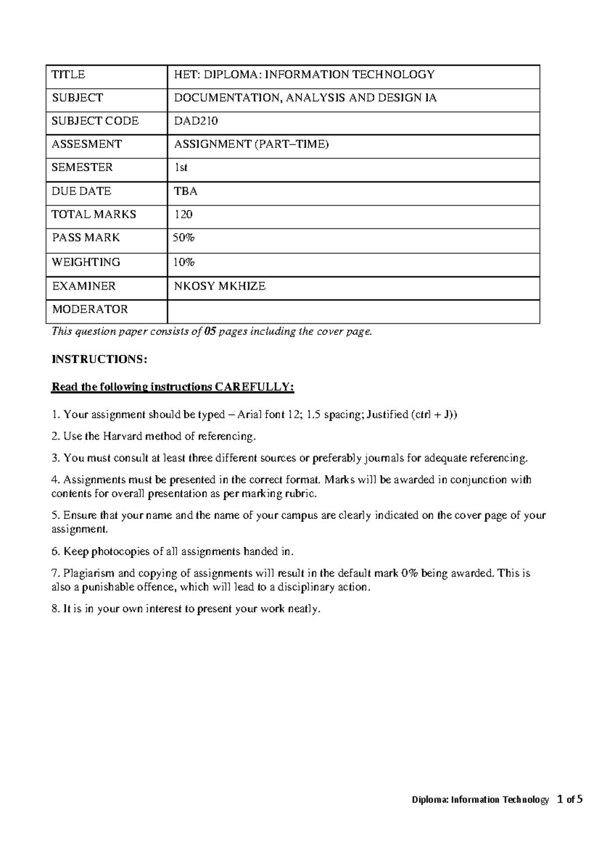 Assignment 22 HE PT DP IT DAD210 Y2 - Diploma: Information Technology 1 ...