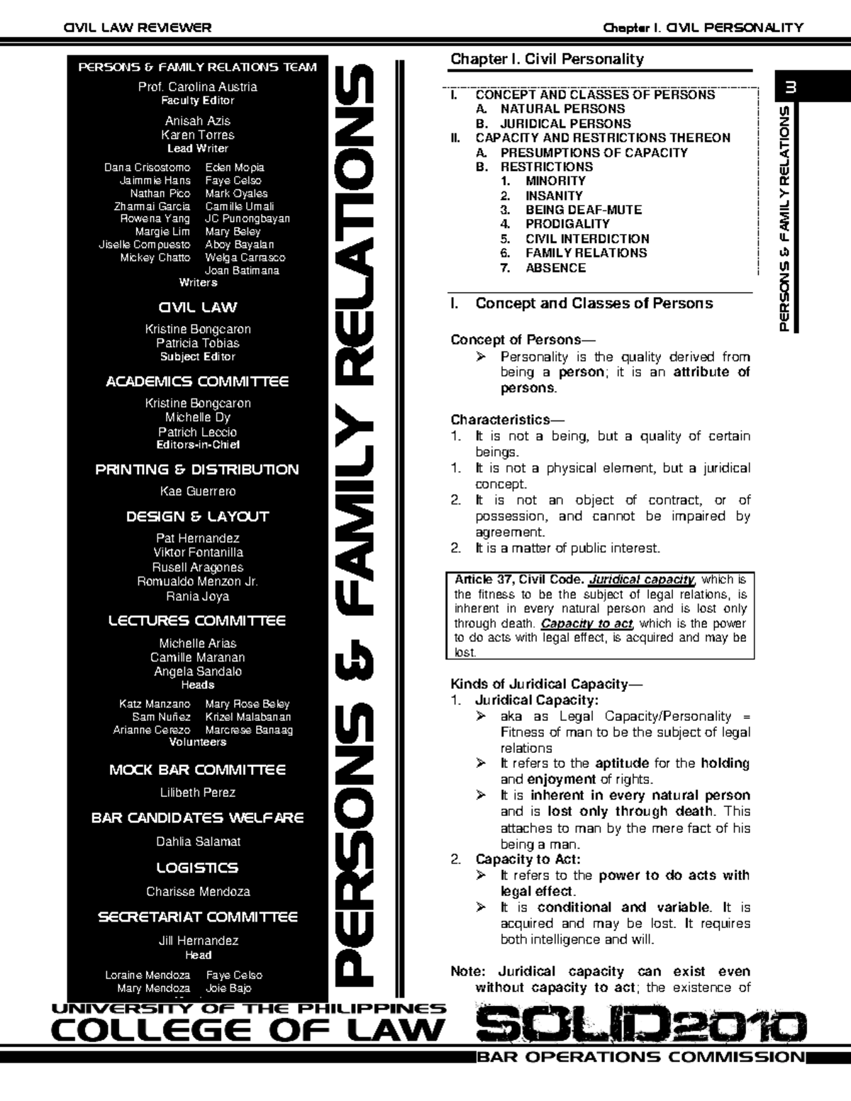 UP 2010 Civil Law Persons and Family Rel - CIVIL LAW REVIEWER Chapter I ...