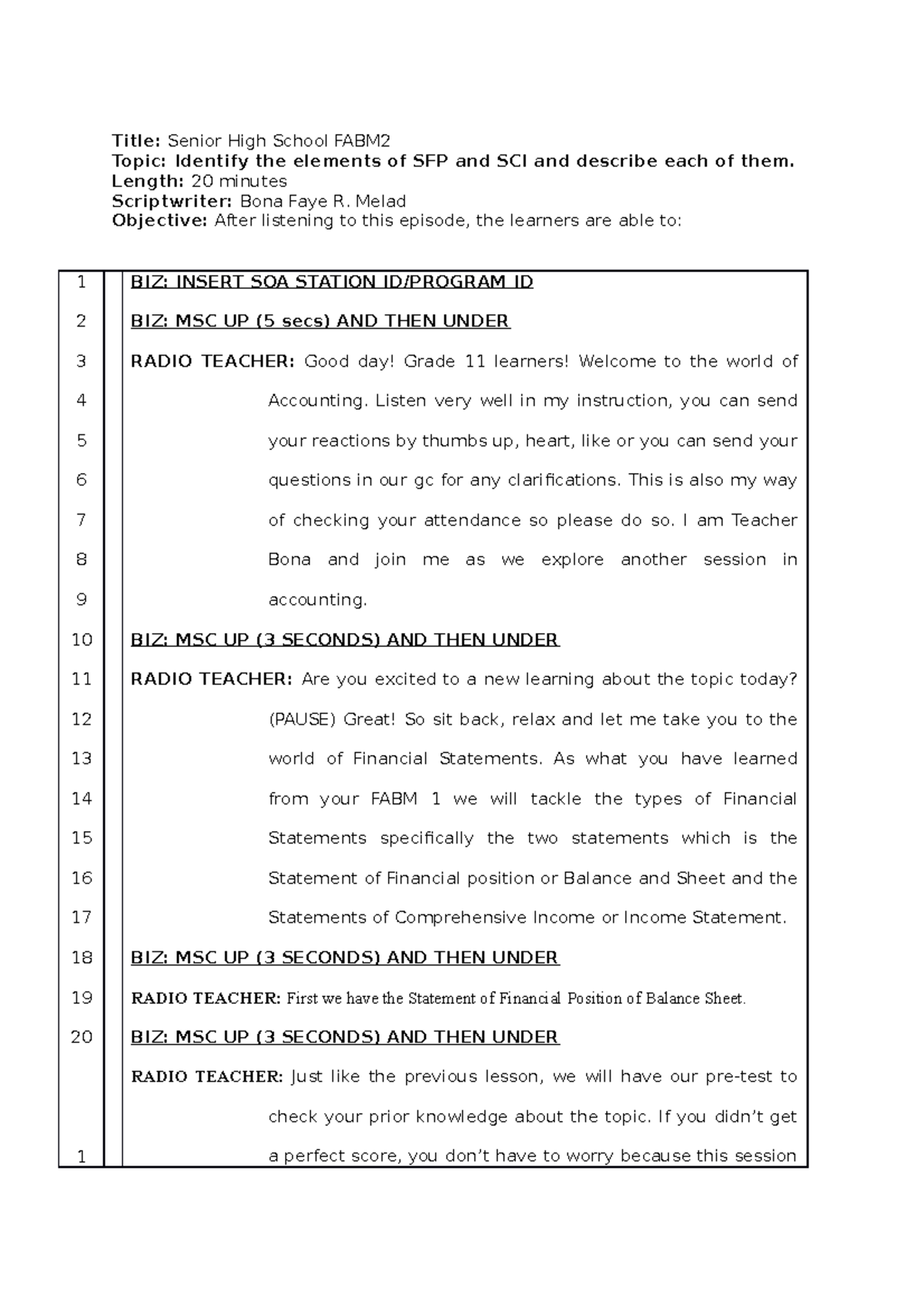 Q3 W1 and W2 FABM2 Script - Title: Senior High School FABM Topic ...