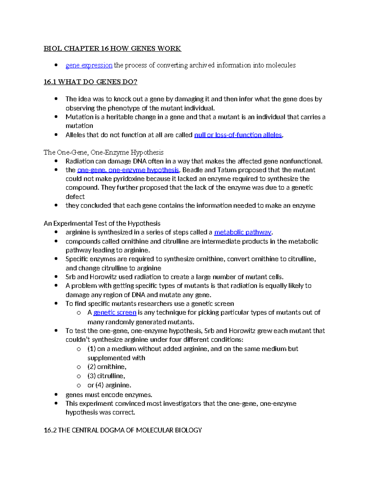 BIOL Chapter 16 - BIOL CHAPTER 16 HOW GENES WORK gene expression the ...