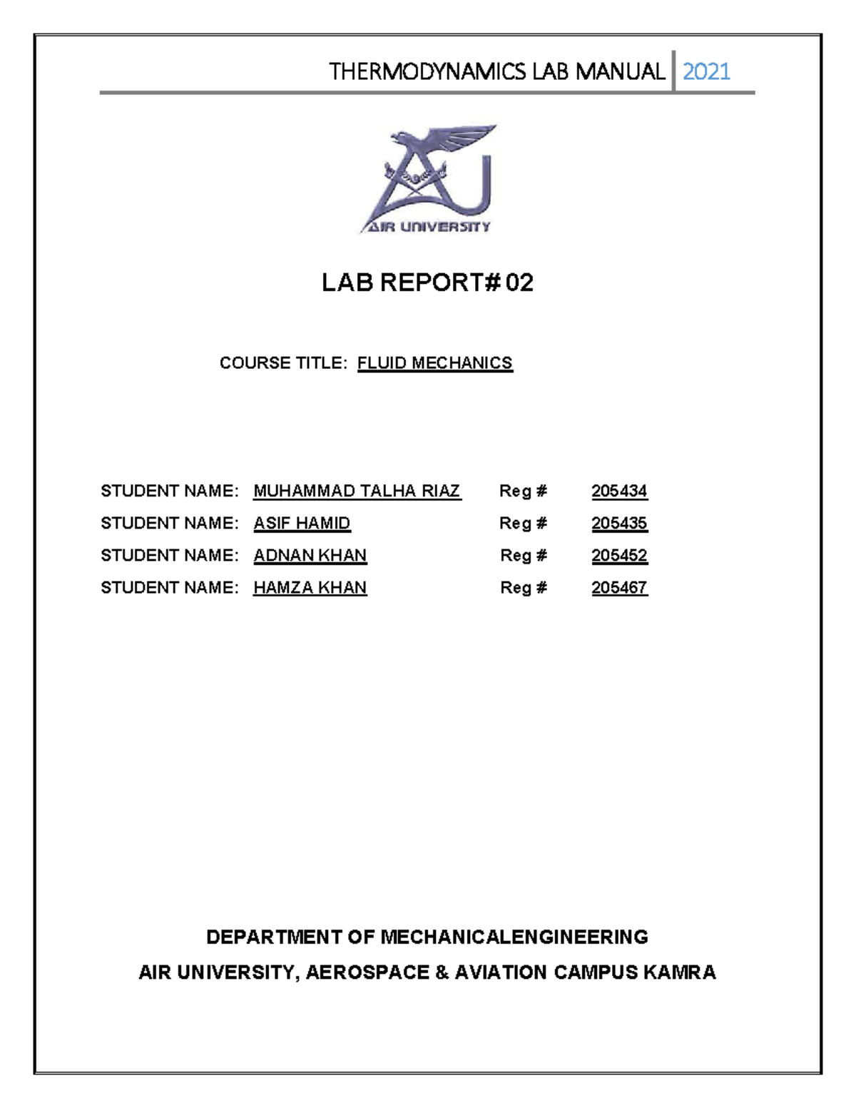Lab 2 - lab - LAB REPORT# 02 COURSE TITLE: FLUID MECHANICS STUDENT NAME ...