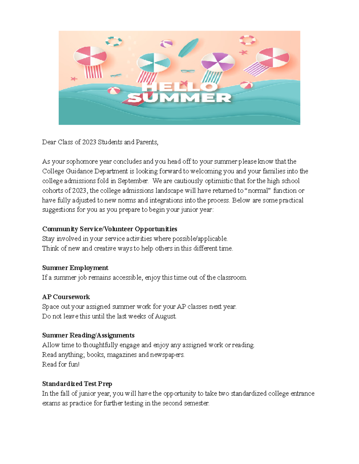 Rising Junior Summer Letter 2 - Dear Class of 2023 Students and Parents ...