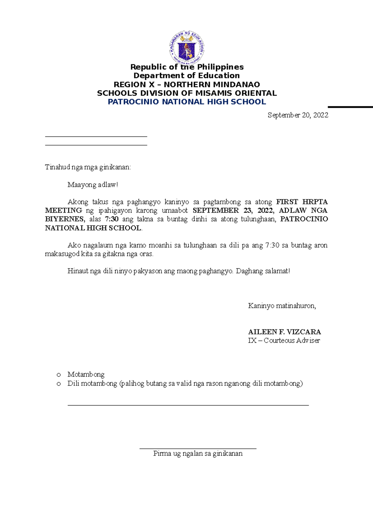 Letter for parents - Republic of the Philippines Department of ...