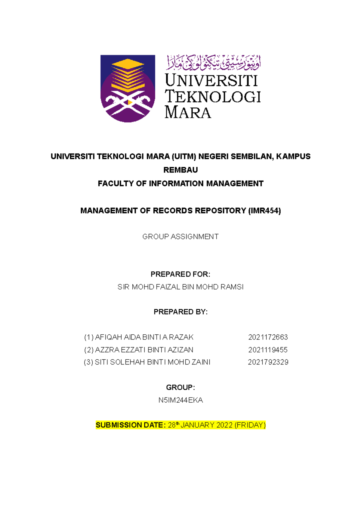 IMR454 ASSIGNMENT GROUP - UNIVERSITI TEKNOLOGI MARA (UITM) NEGERI ...