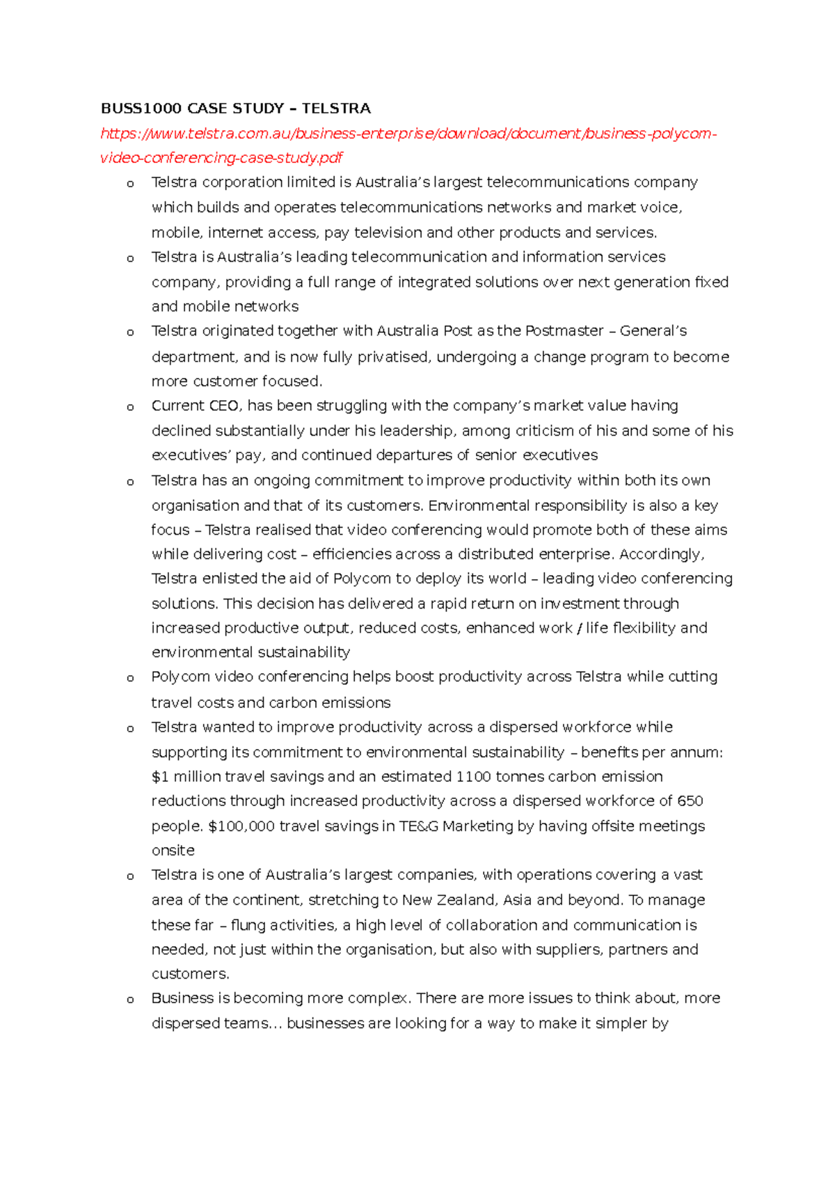 BUSS1000 Telstra - research - BUSS1000 CASE STUDY – TELSTRA - Studocu