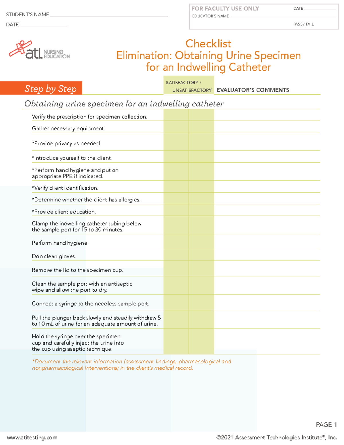 ATI Elimination: Blank Checklist for Obtaining Urine Specimen from an ...