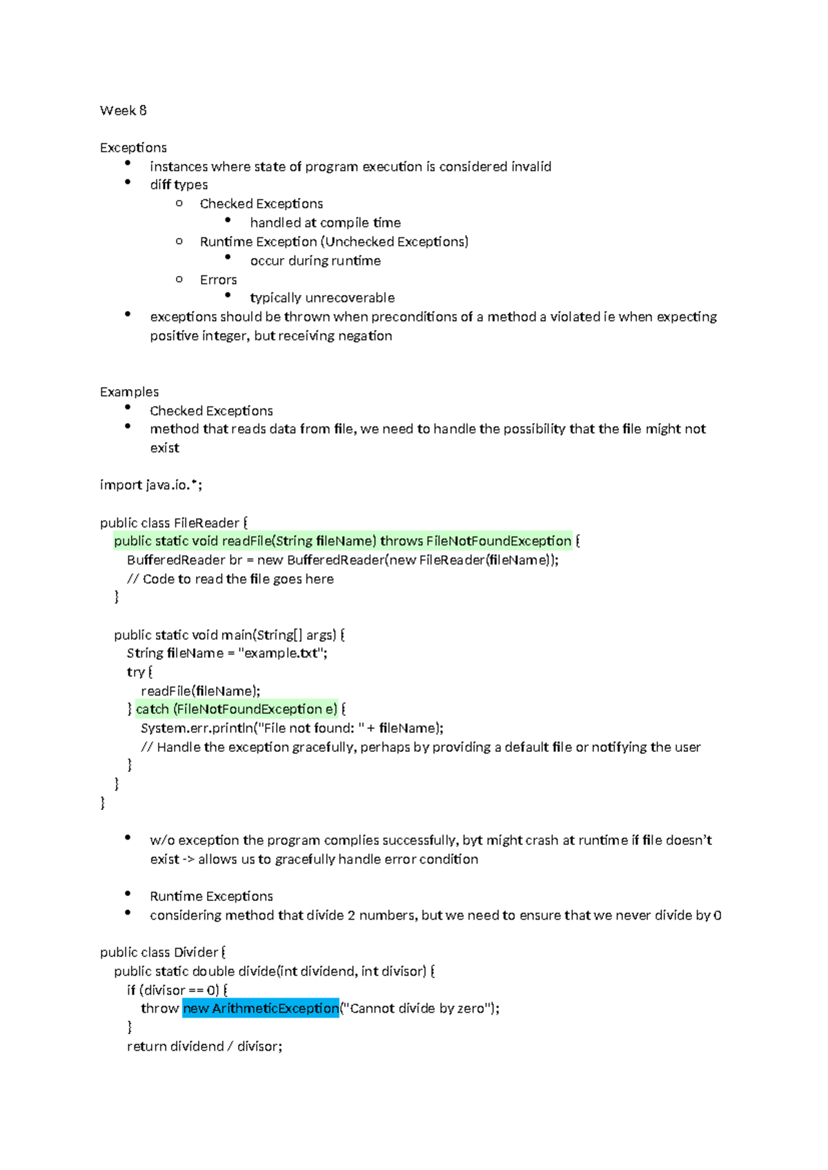 Week 8 info1113 - week 8 notes :) - Week 8 Exceptions instances where ...
