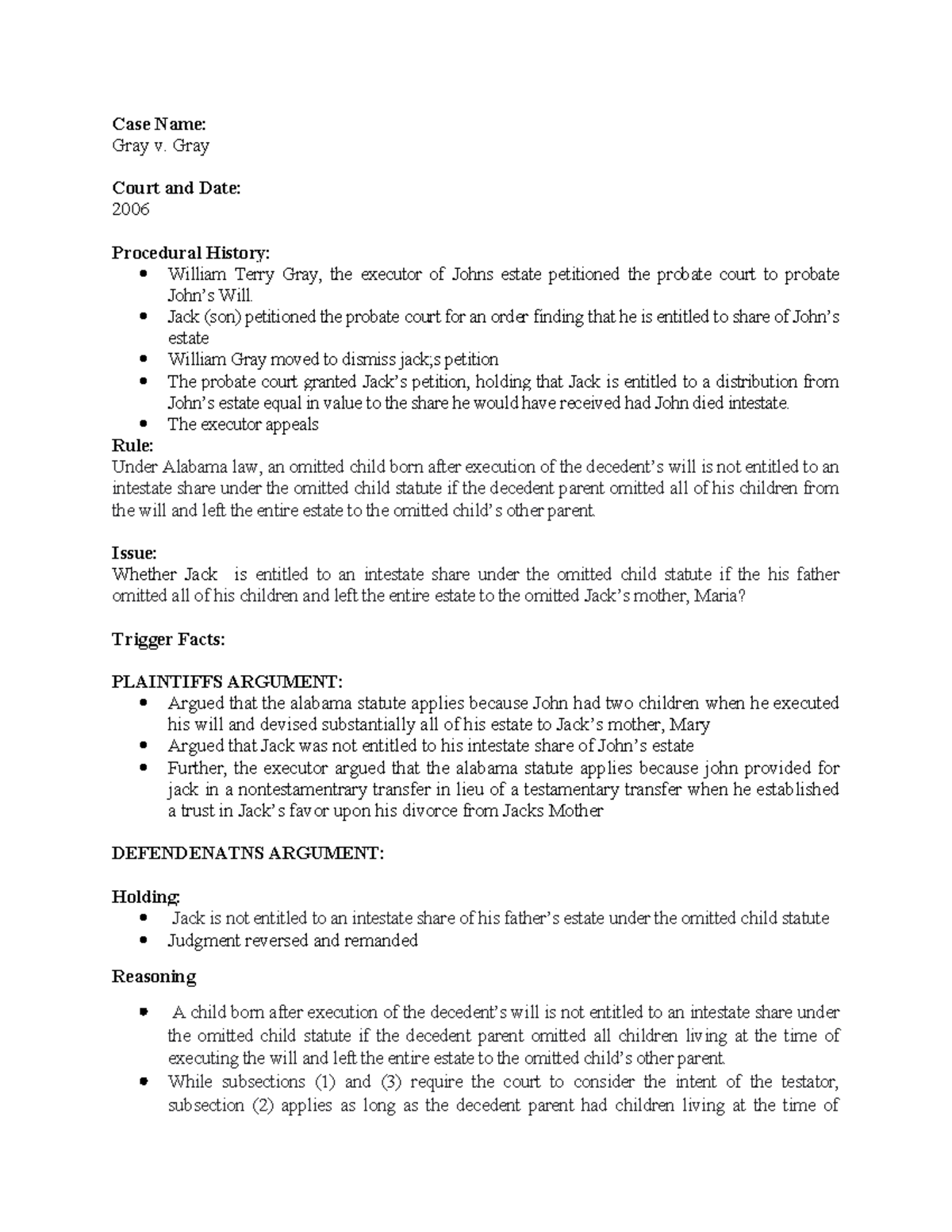 Gray v. Gray - Case brief - Case Name: Gray v. Gray Court and Date ...