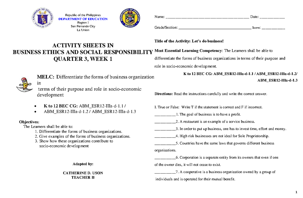 (1&2) Business Ethics Activity Sheets - Republic of the Philippines ...