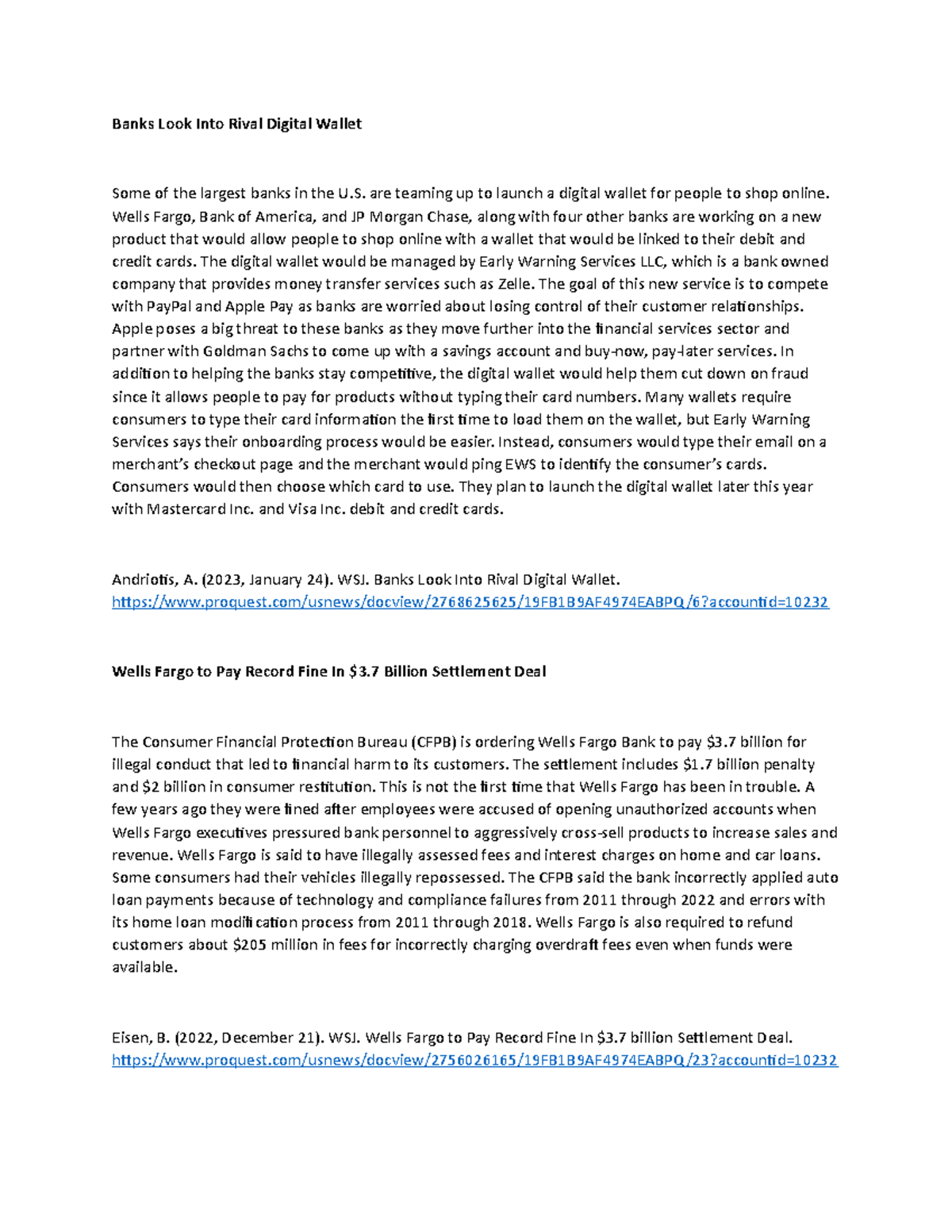 FINC 395 DB4 - weekly drop box assignment - Banks Look Into Rival ...