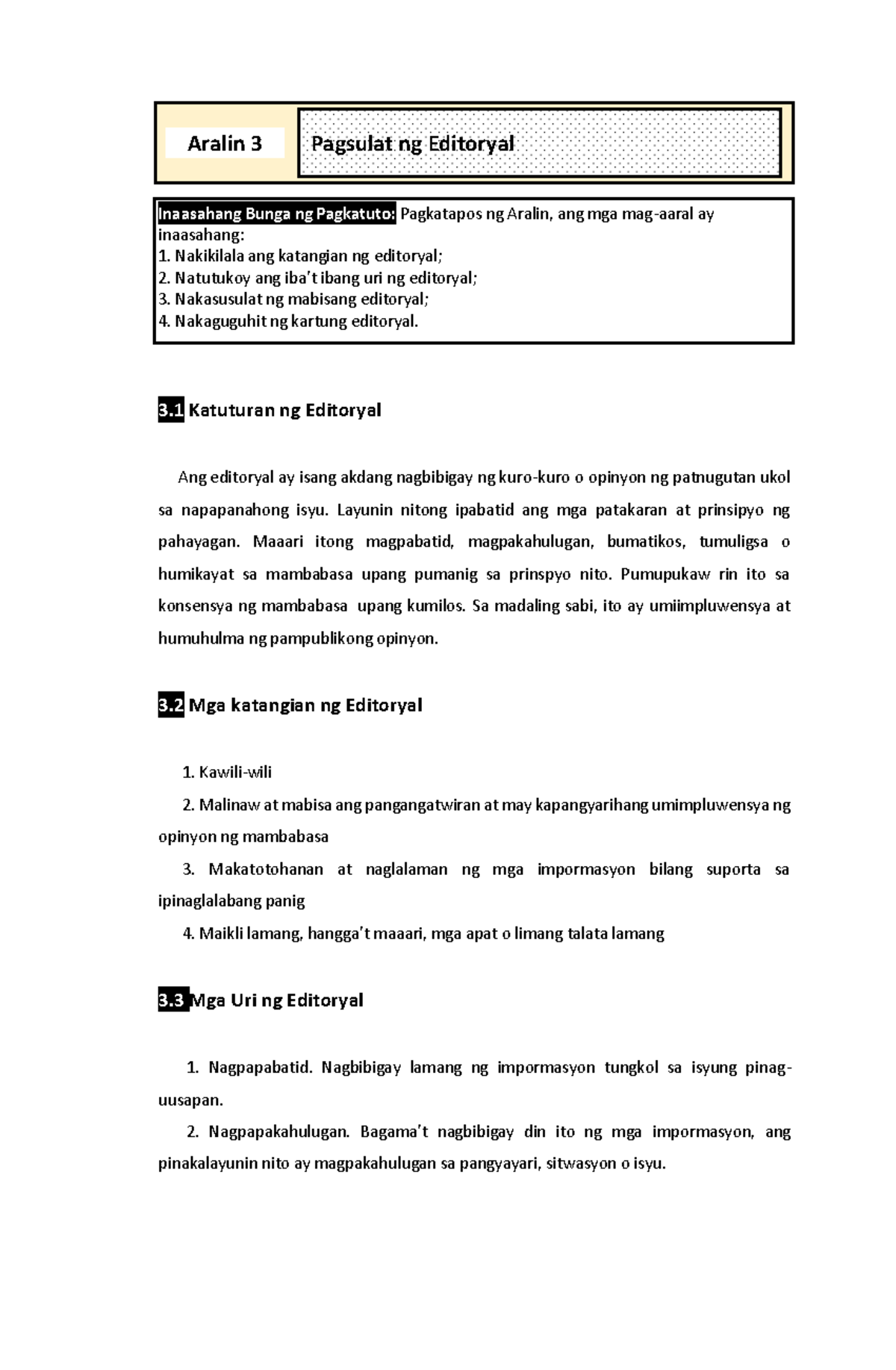 03 Intro sa Pamamahayag - pw Inaasahang Bunga ng Pagkatuto: Pagkatapos ...