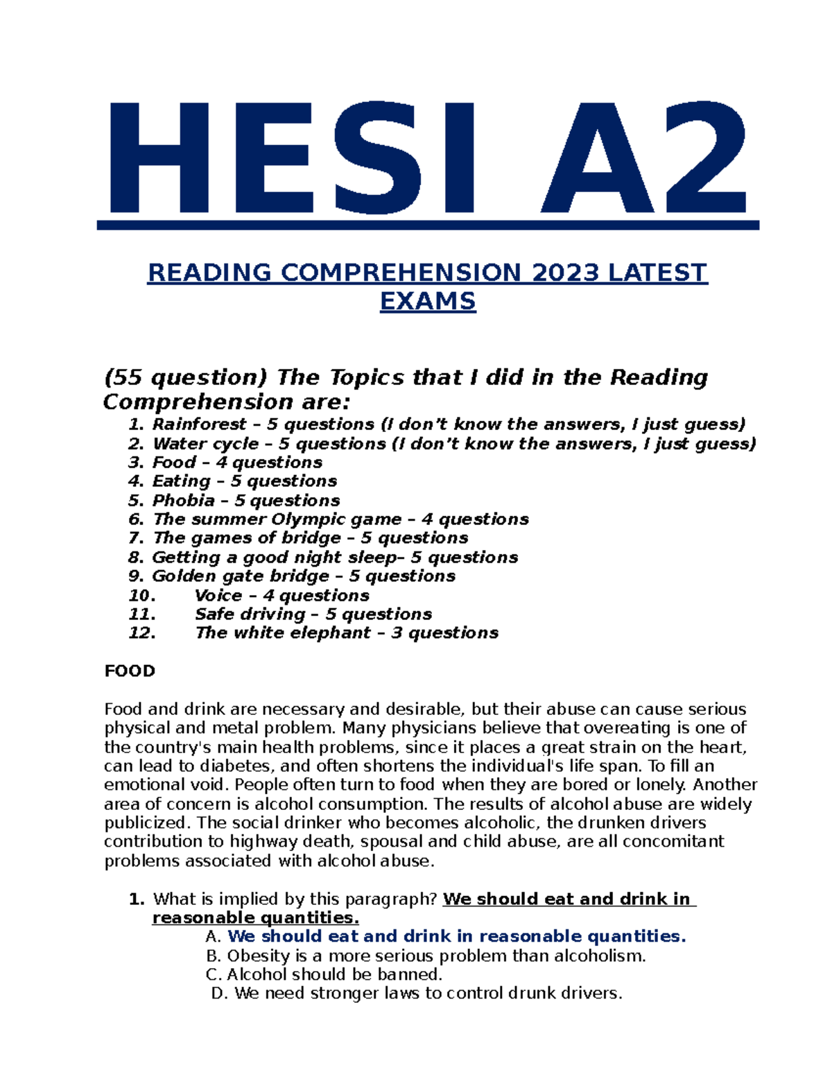 HESI A2 Reading Comprehension 2023 HESI A READING COMPREHENSION 2023