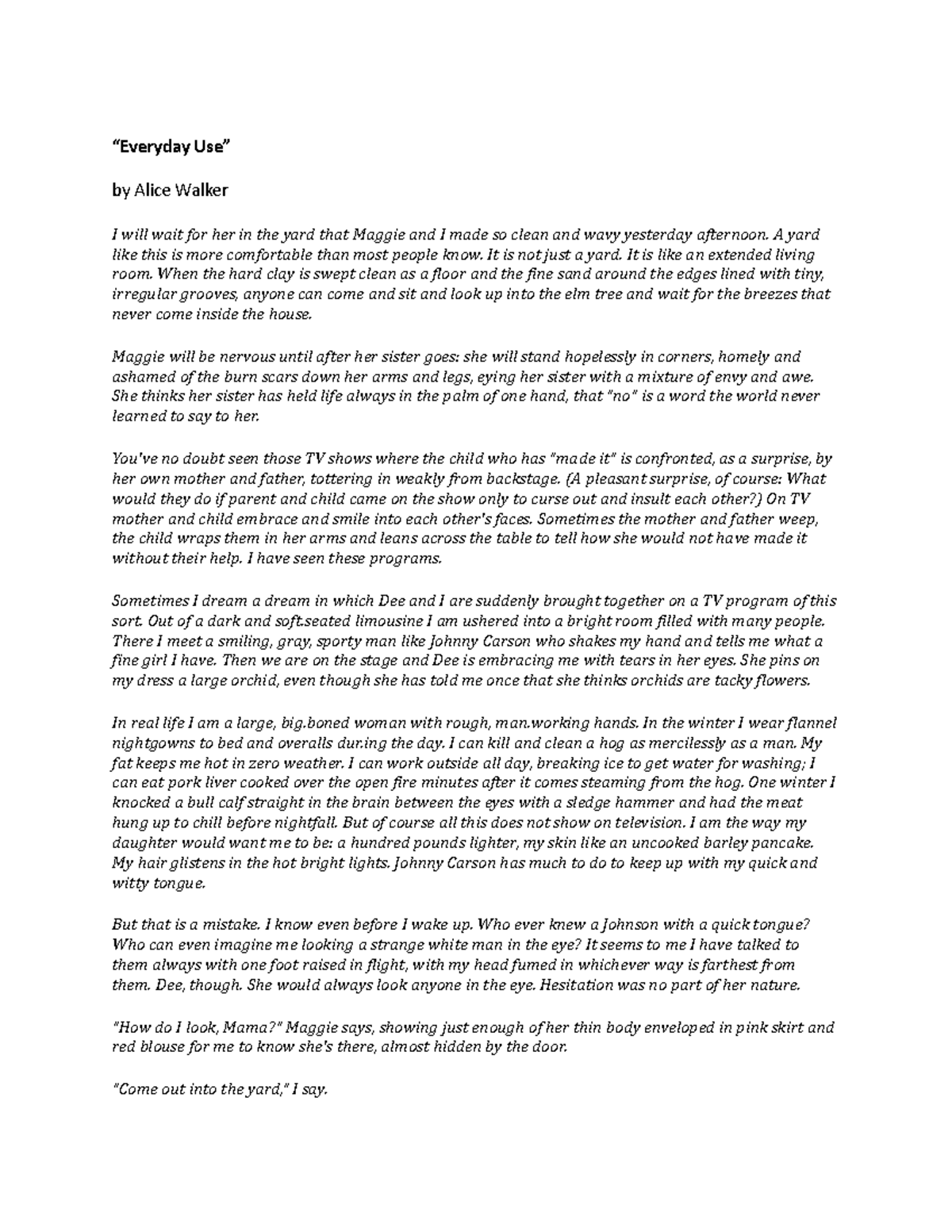 Everyday Use PDF - Assignment on novel - “Everyday Use” by Alice Walker ...