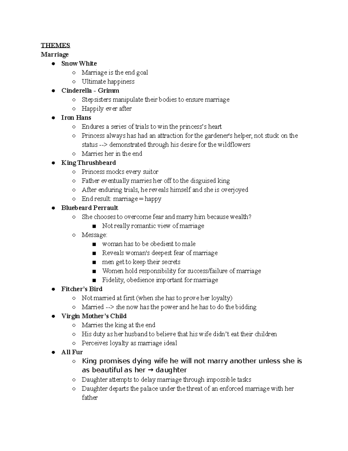 Fairy Tale Study Guide - Lecture notes ALL - THEMES Marriage Snow White ...