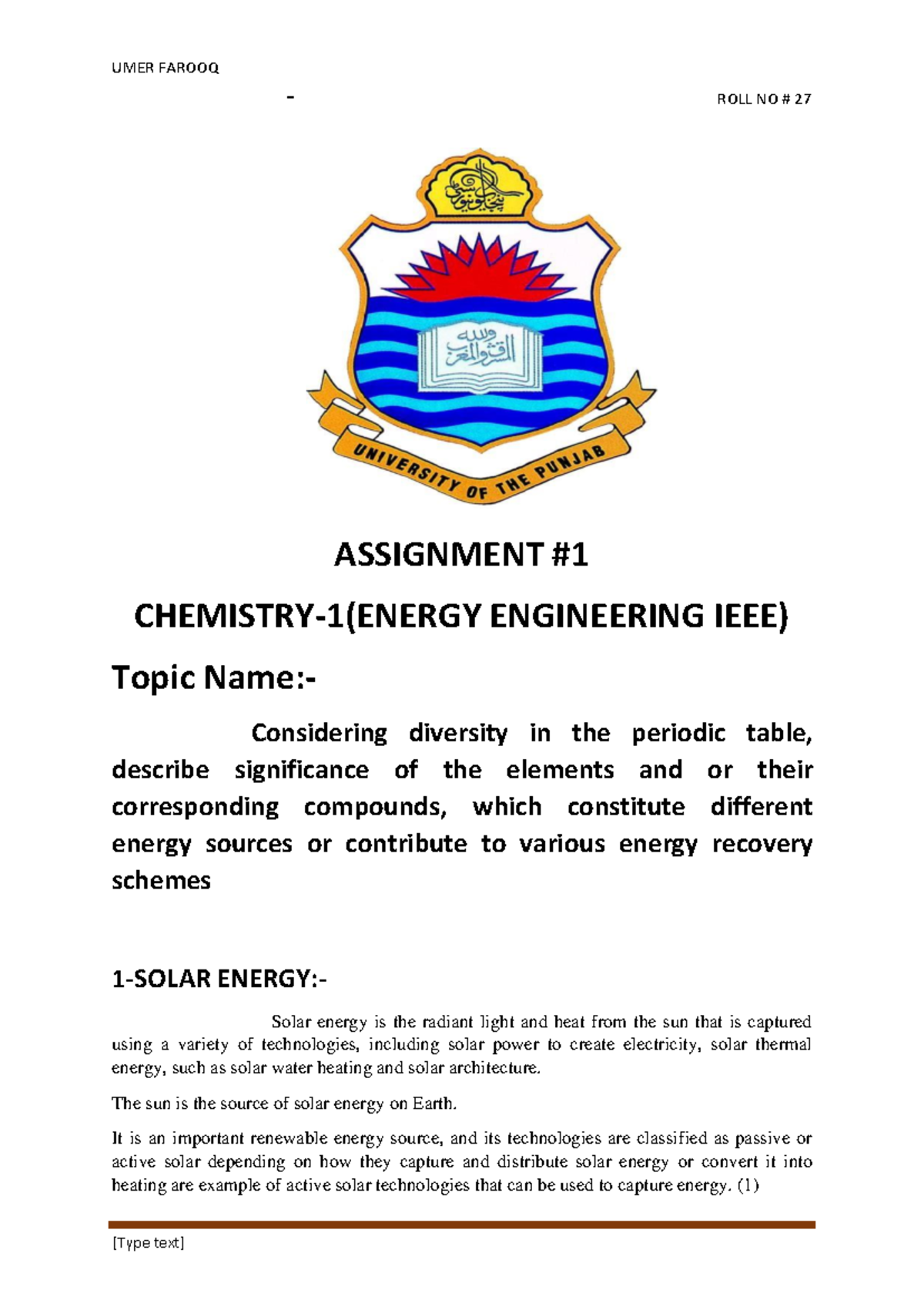 University OF THE Punjab pdf - ROLL NO # 27 ASSIGNMENT CHEMISTRY-1(ENERGY ENGINEERING IEEE ...
