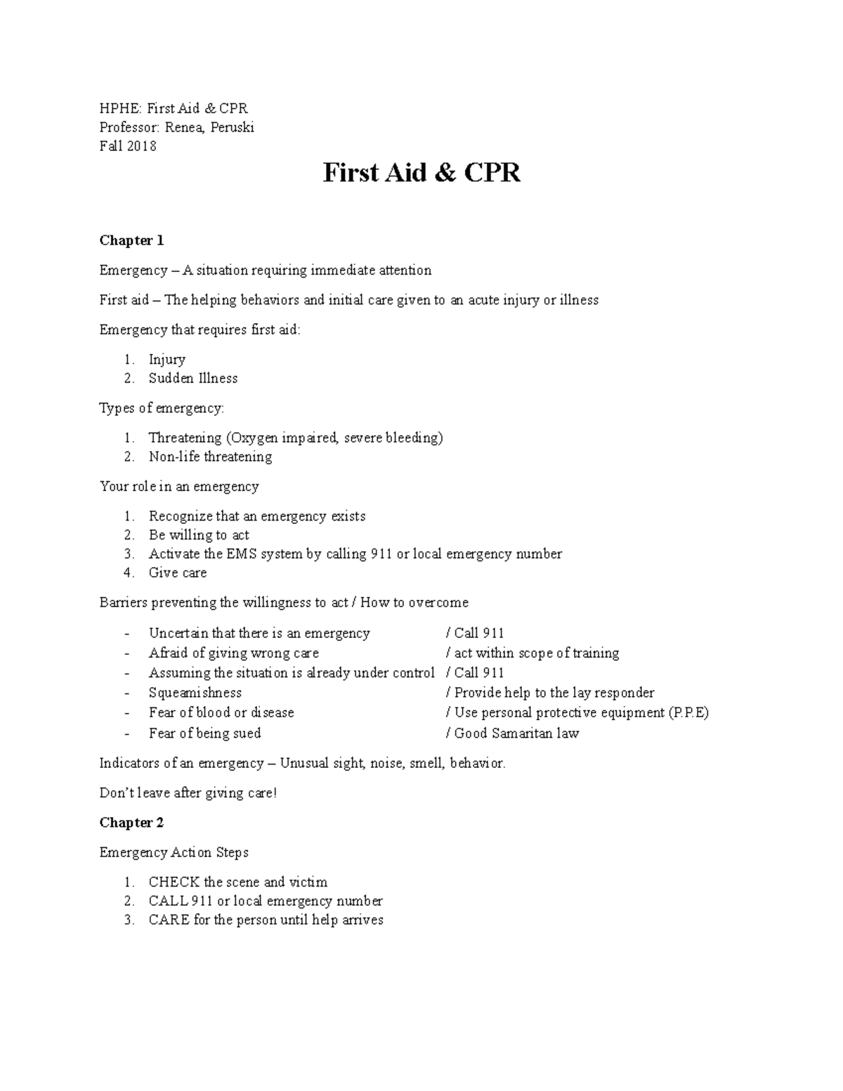 HPHE 1810 - First Aid - HPHE: First Aid & CPR Professor: Renea, Peruski ...