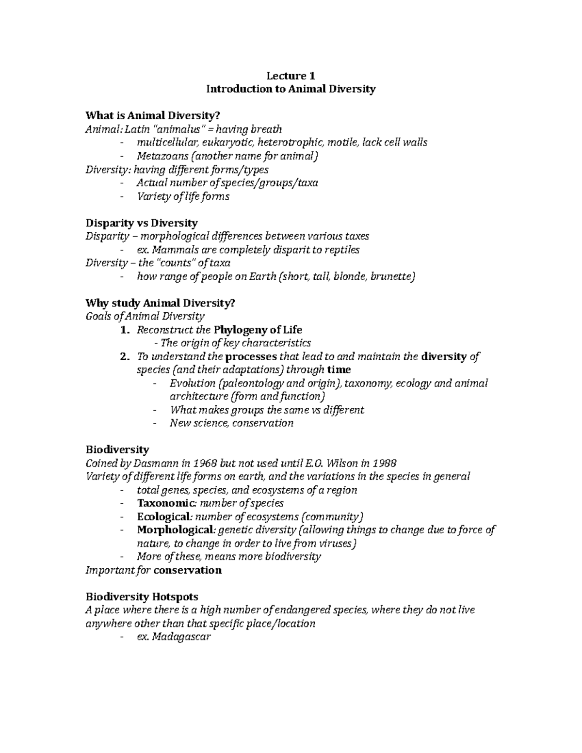 Animal diversity notes - Lecture 1 Introduction to Animal Diversity ...