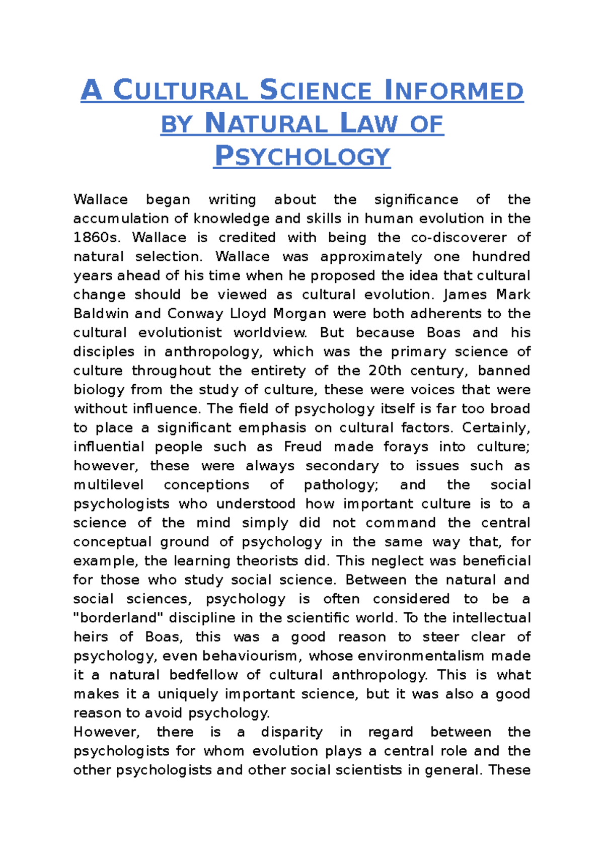 A Cultural Science Informed BY Natural LAW OF Psychology - A CULTURAL ...