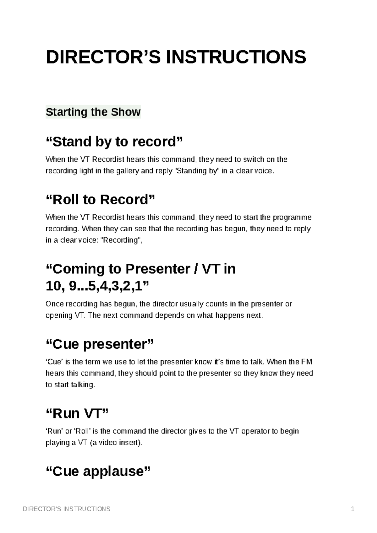 Directors Instructions - DIRECTOR’S INSTRUCTIONS Starting the Show ...