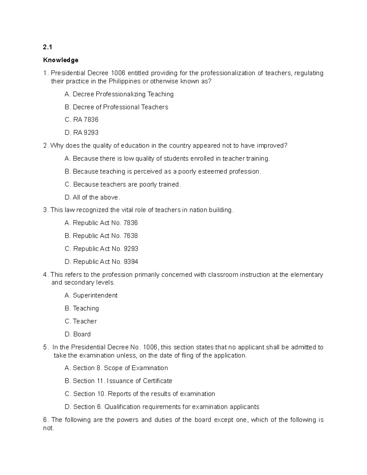 Test Questions . Basic Laws on the Professionalization of Teaching - 2 ...