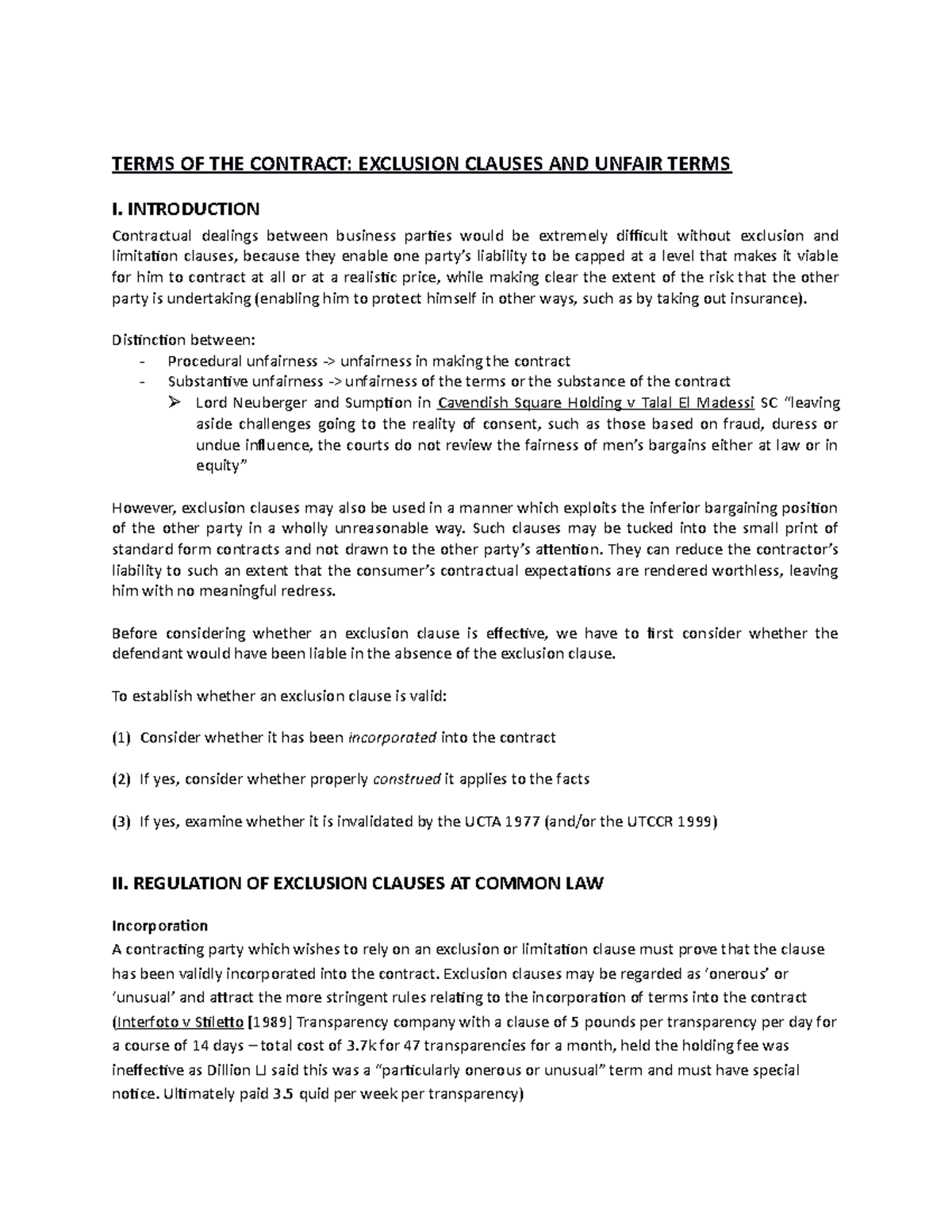 Exclusion clauses - TERMS OF THE CONTRACT: EXCLUSION CLAUSES AND UNFAIR ...