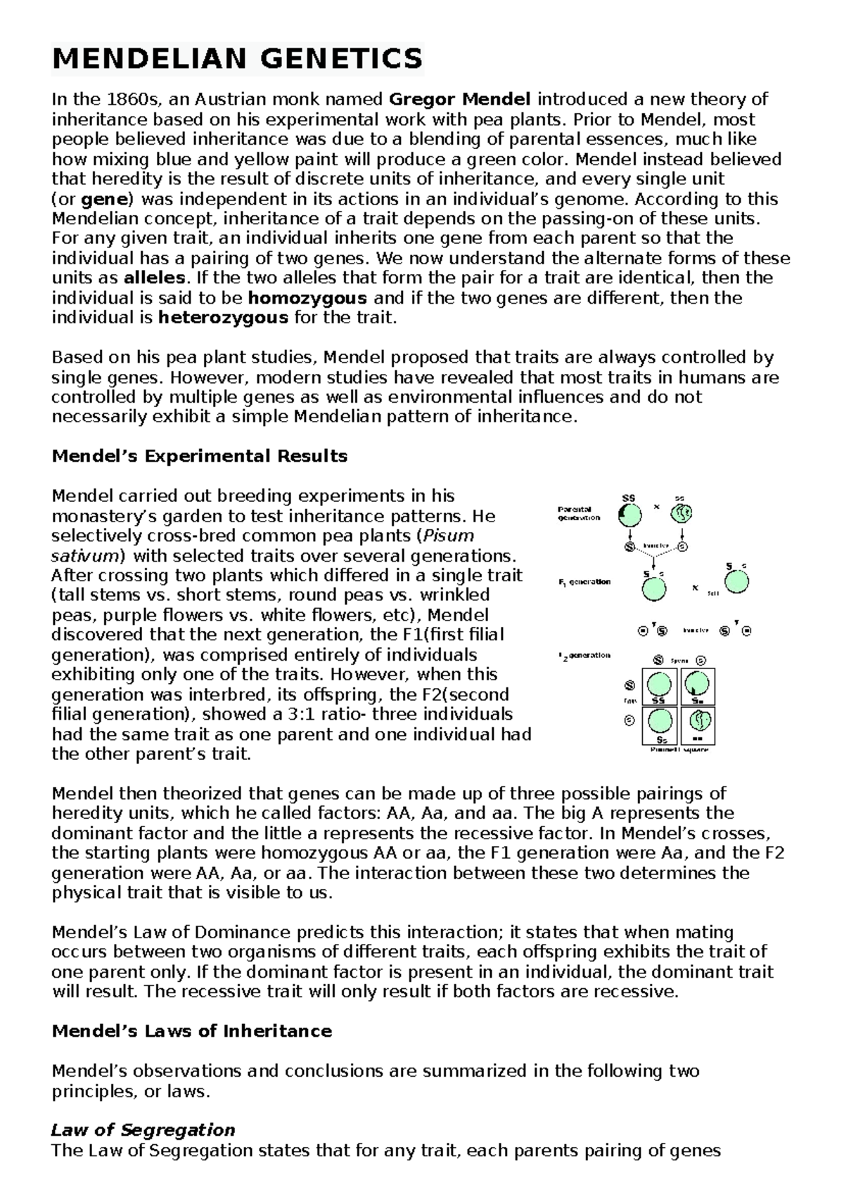 Mendelian-Genetics - NOTES FOR STUDY - MENDELIAN GENETICS In the 1860s ...