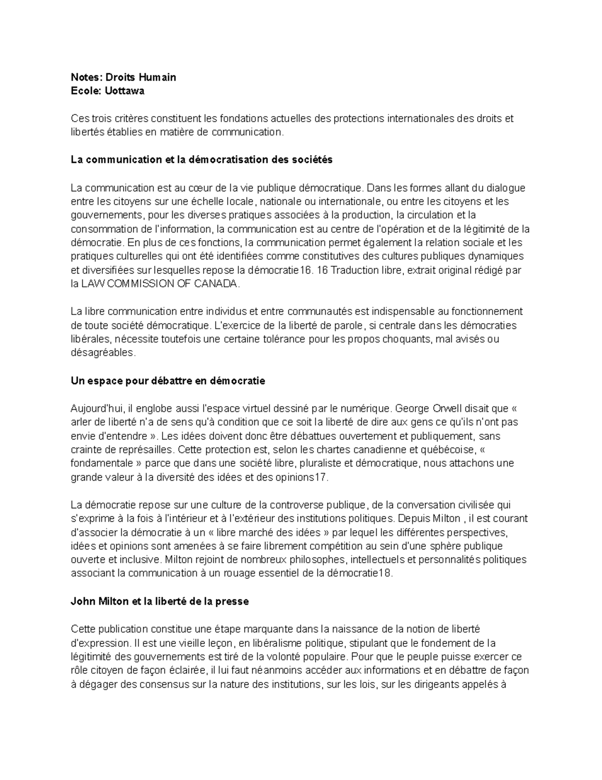 Droits humain 2 - Notes - Notes: Droits Humain Ecole: Uottawa Ces trois ...