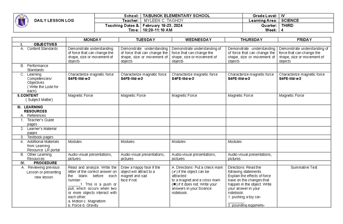 Science 4 WEEK 4 - learn more - DAILY LESSON LOG School: TABUNOK ...