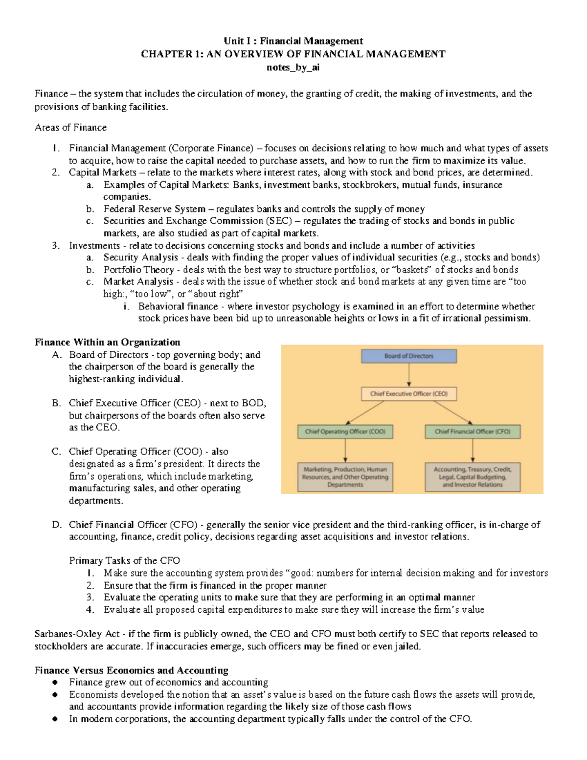 Fin Man Notes - jgjhfkf - Unit I : Financial Management CHAPTER 1: AN ...