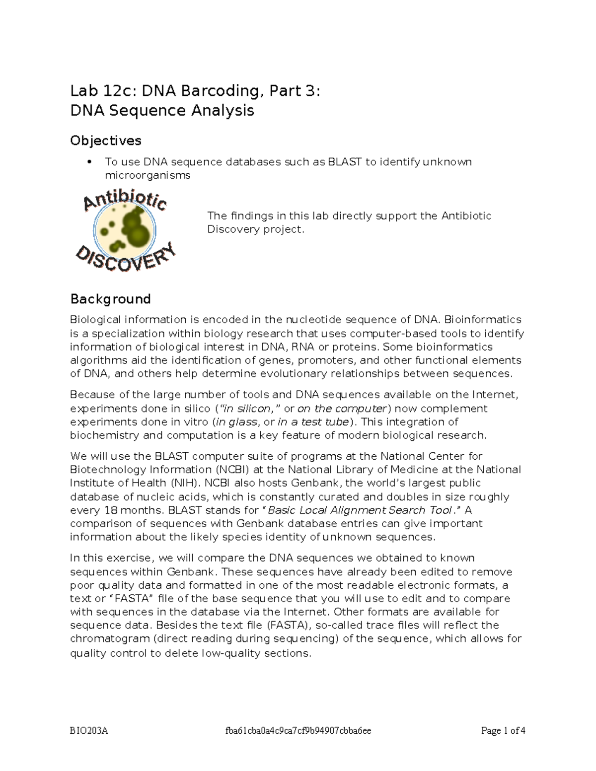 BIO203A M5 Lab12c DNA Barcoding Part 3 - Lab 12c: DNA Barcoding, Part 3: DNA Sequence Analysis ...