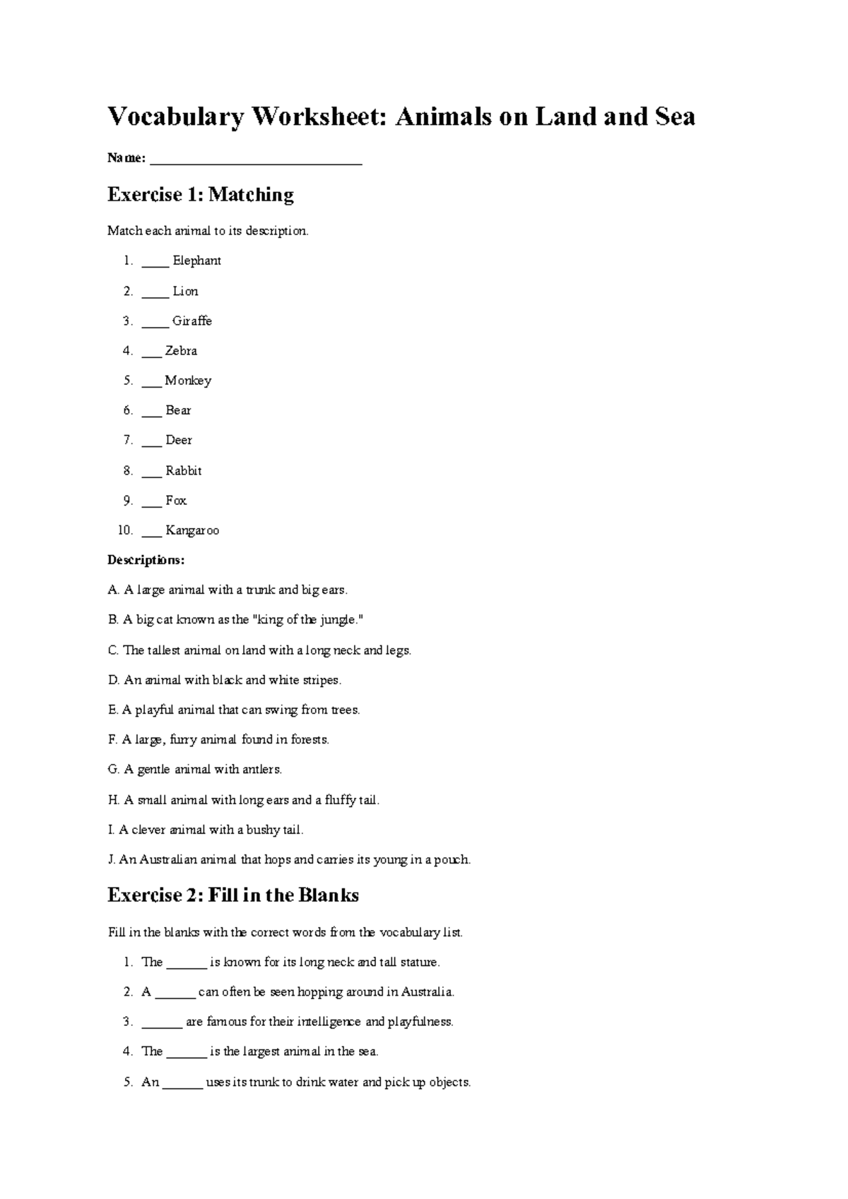 Vocabulary Worksheet Animals on Land and Sea - 1. ____ Elephant 2 ...