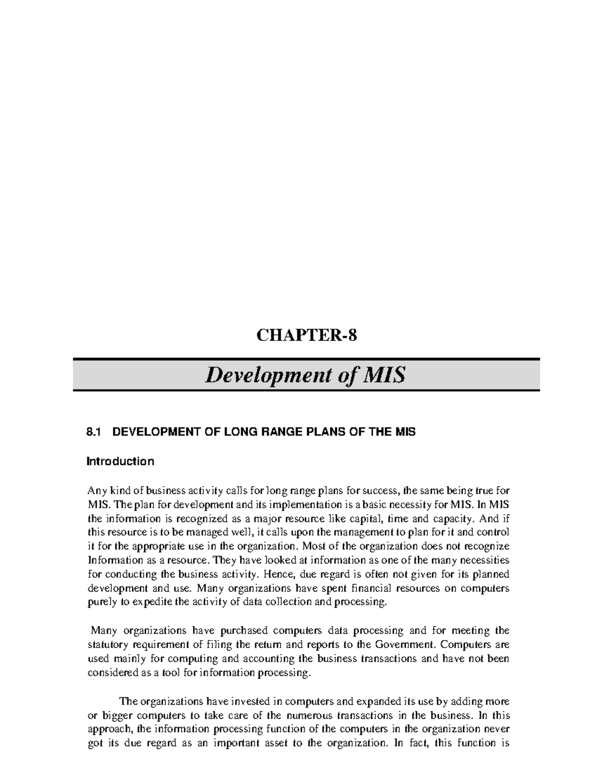 Introduction to2 - DEVELOPMENT OF LONG RANGE PLANS OF THE MIS - CHAPTER- Development of MIS 8 ...