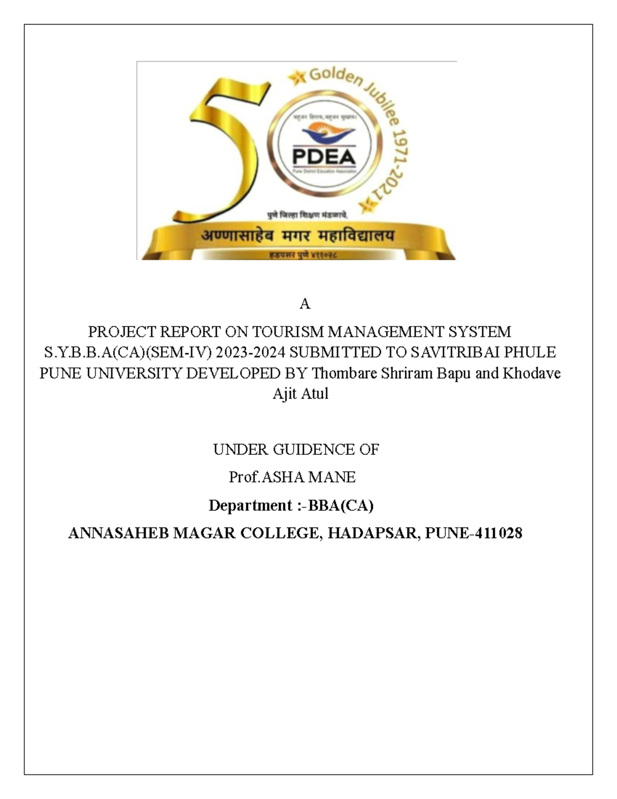 Documentation - Project pdf for tourism management system - A PROJECT ...