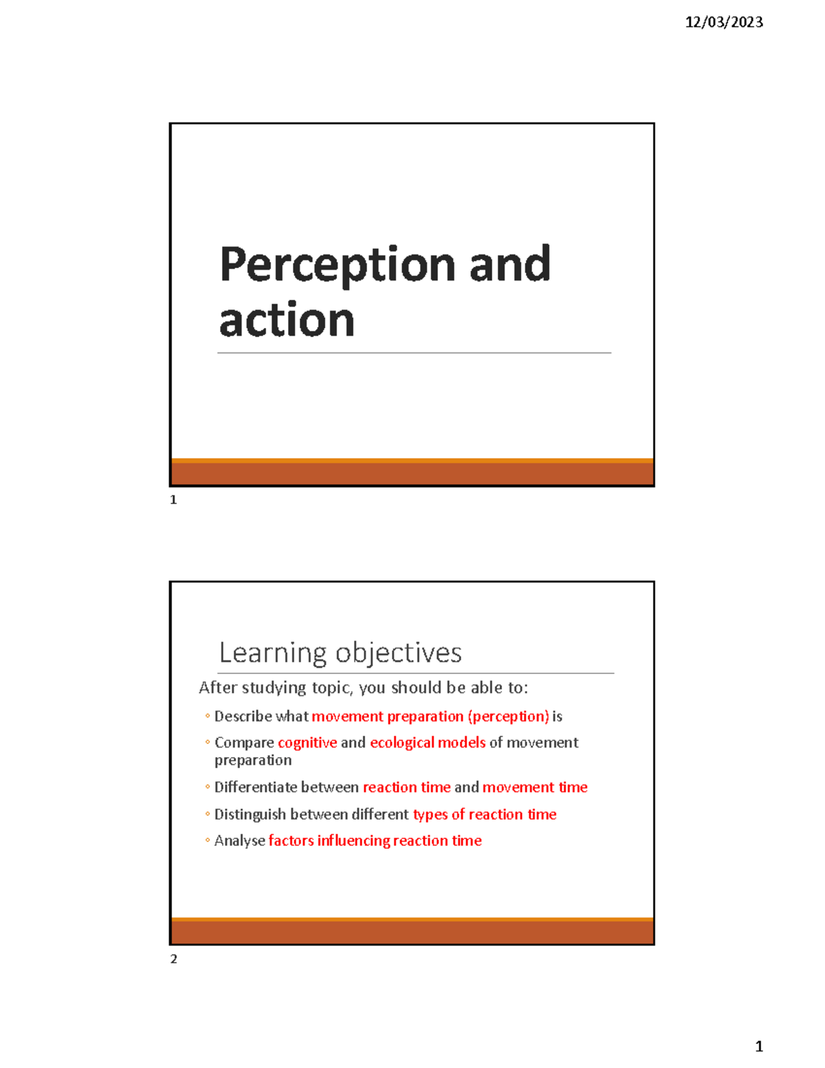 Lecture 9 Perception and action - Perception and action Learning ...