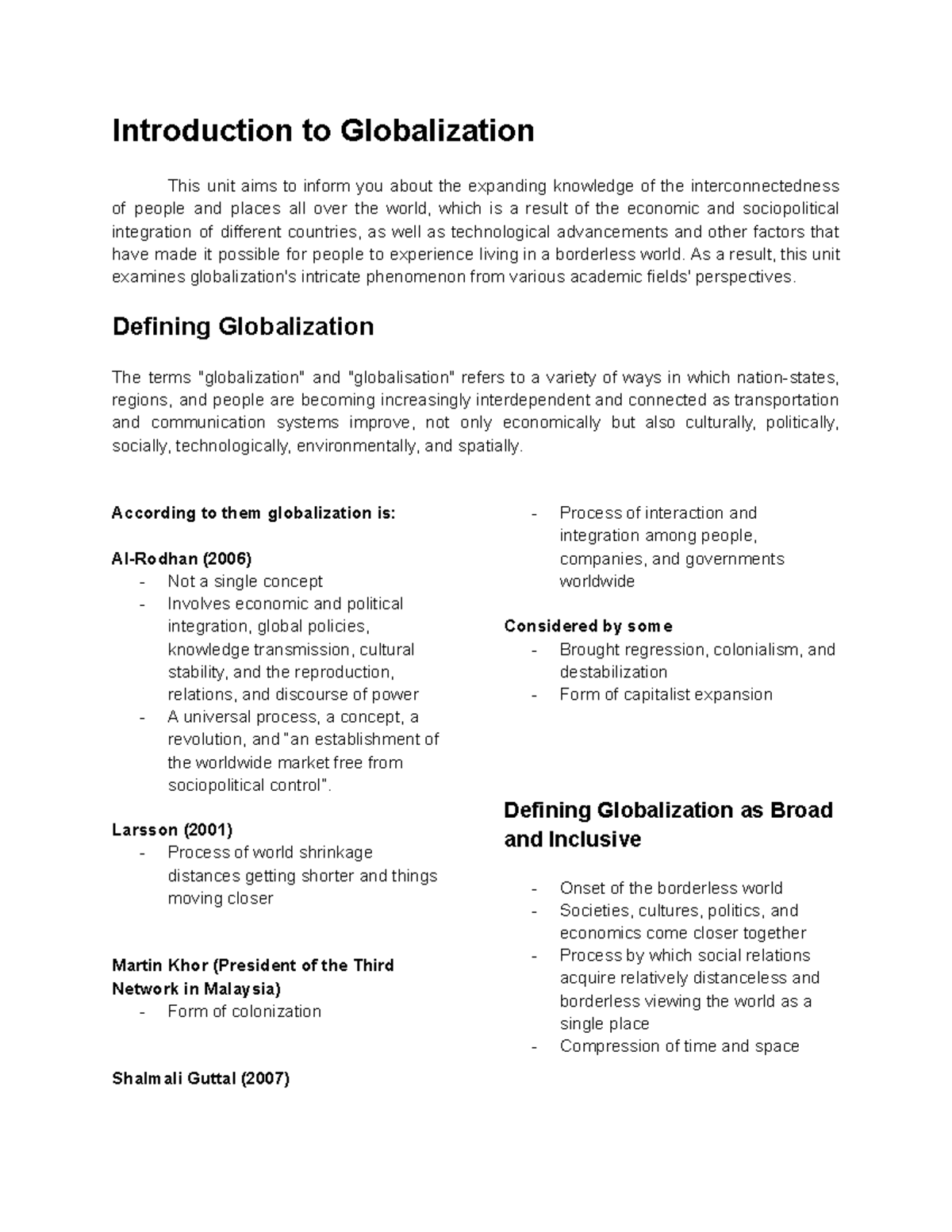 Defining Globalization - Introduction to Globalization This unit aims ...