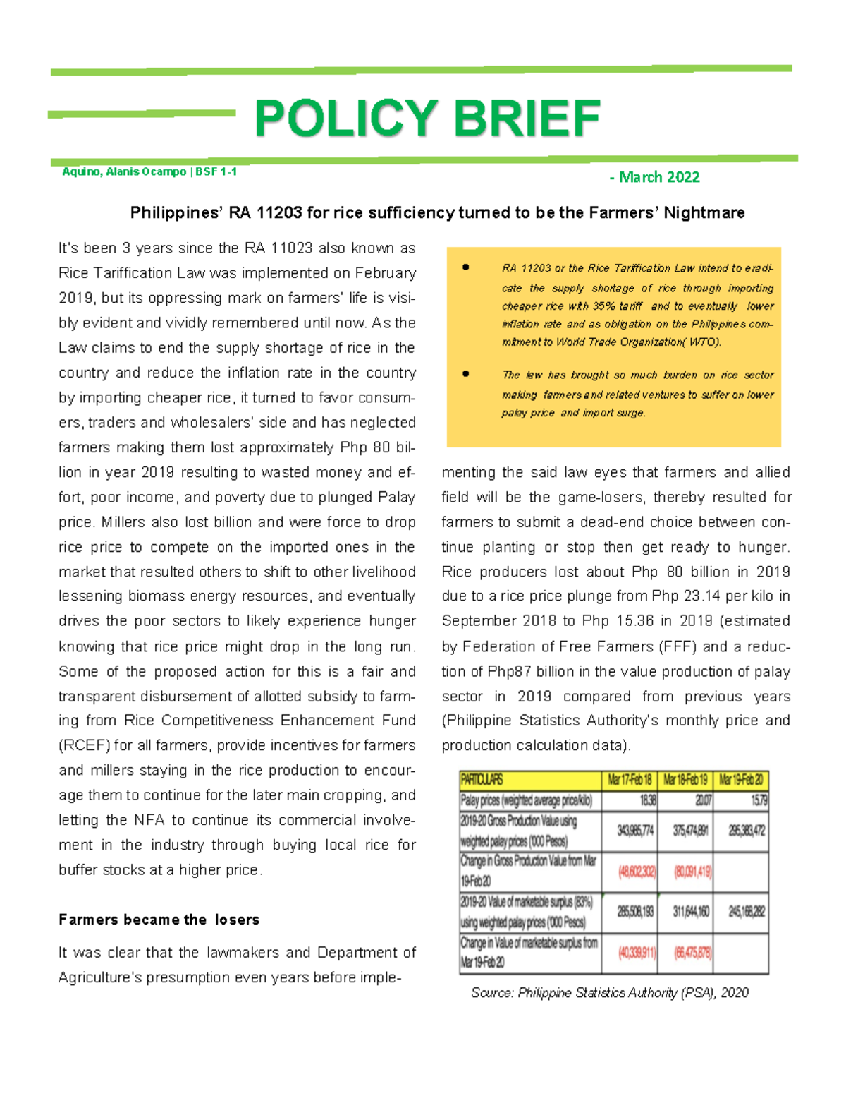 Policy Paper- Rice Tarrif Law - POLICY BRIEF - March 2022 Philippines ...