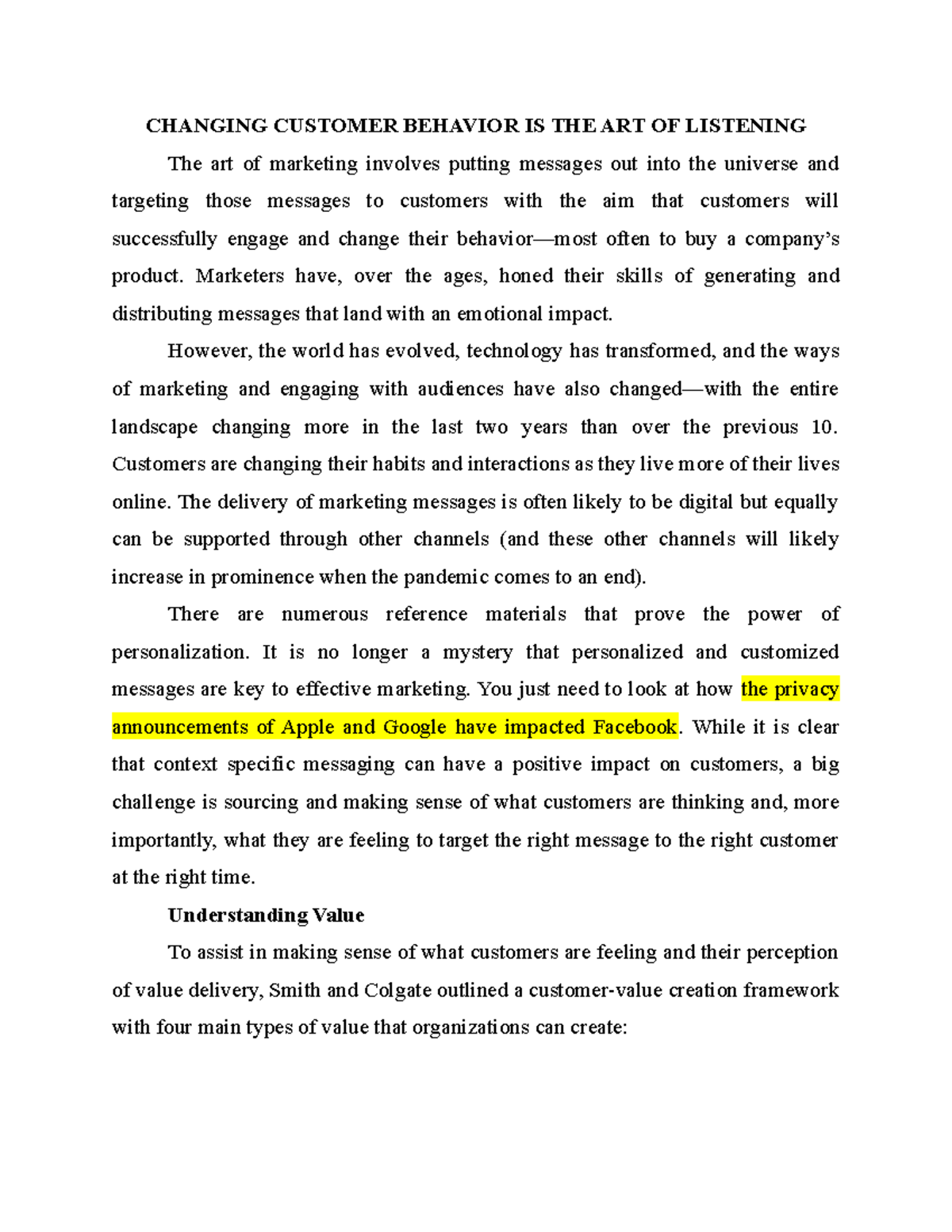 Reading on class issue 3 - answer - CHANGING CUSTOMER BEHAVIOR IS THE ...