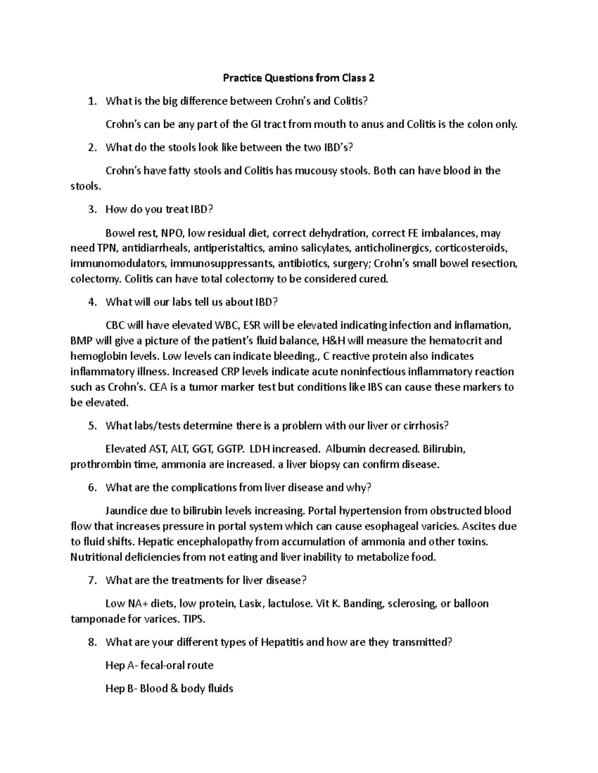 Post Work 2 - IBD Liver - Practice Questions from Class 2 What is the ...