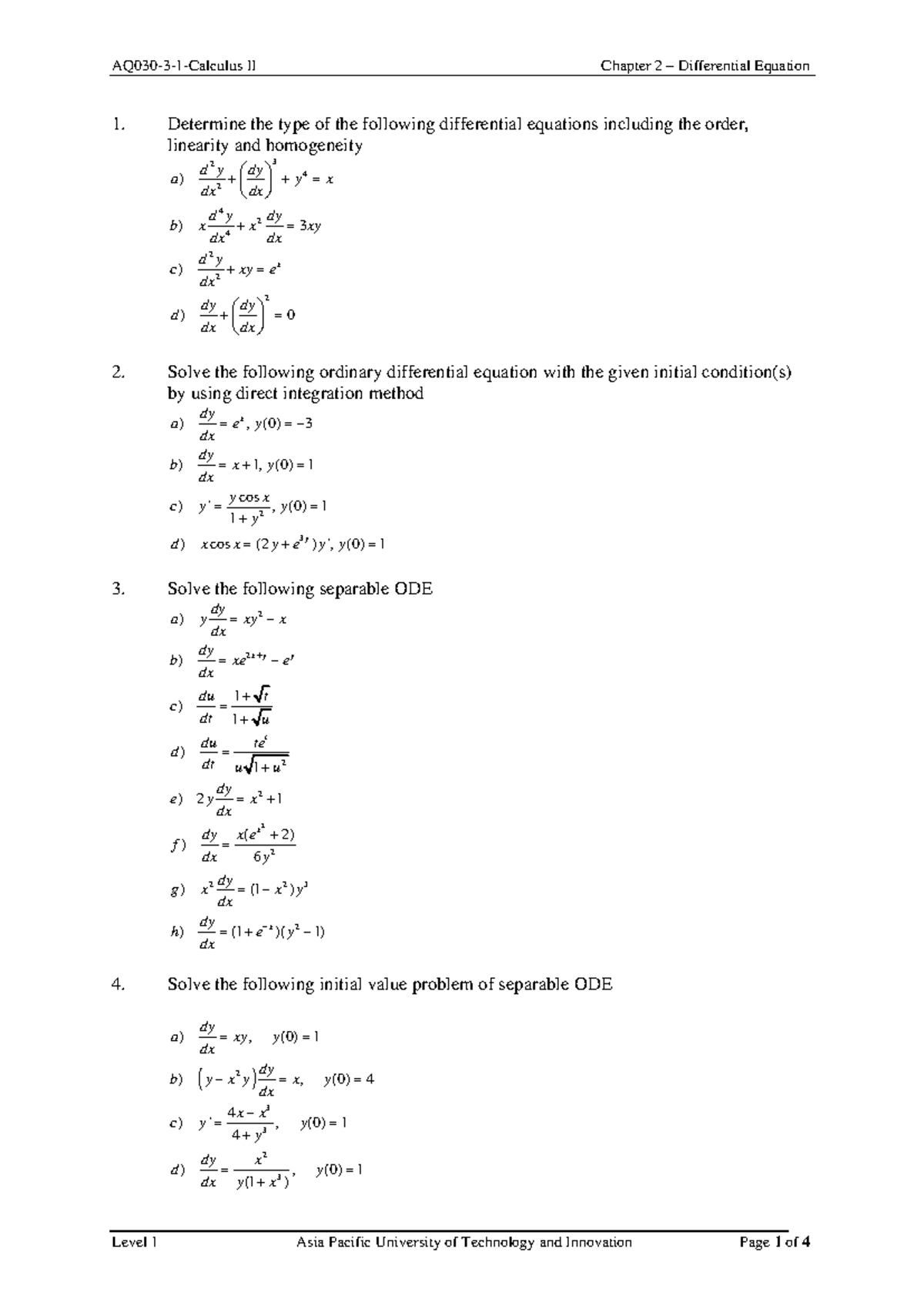 T2 Differential Equation - 1. Determine the type of the following ...