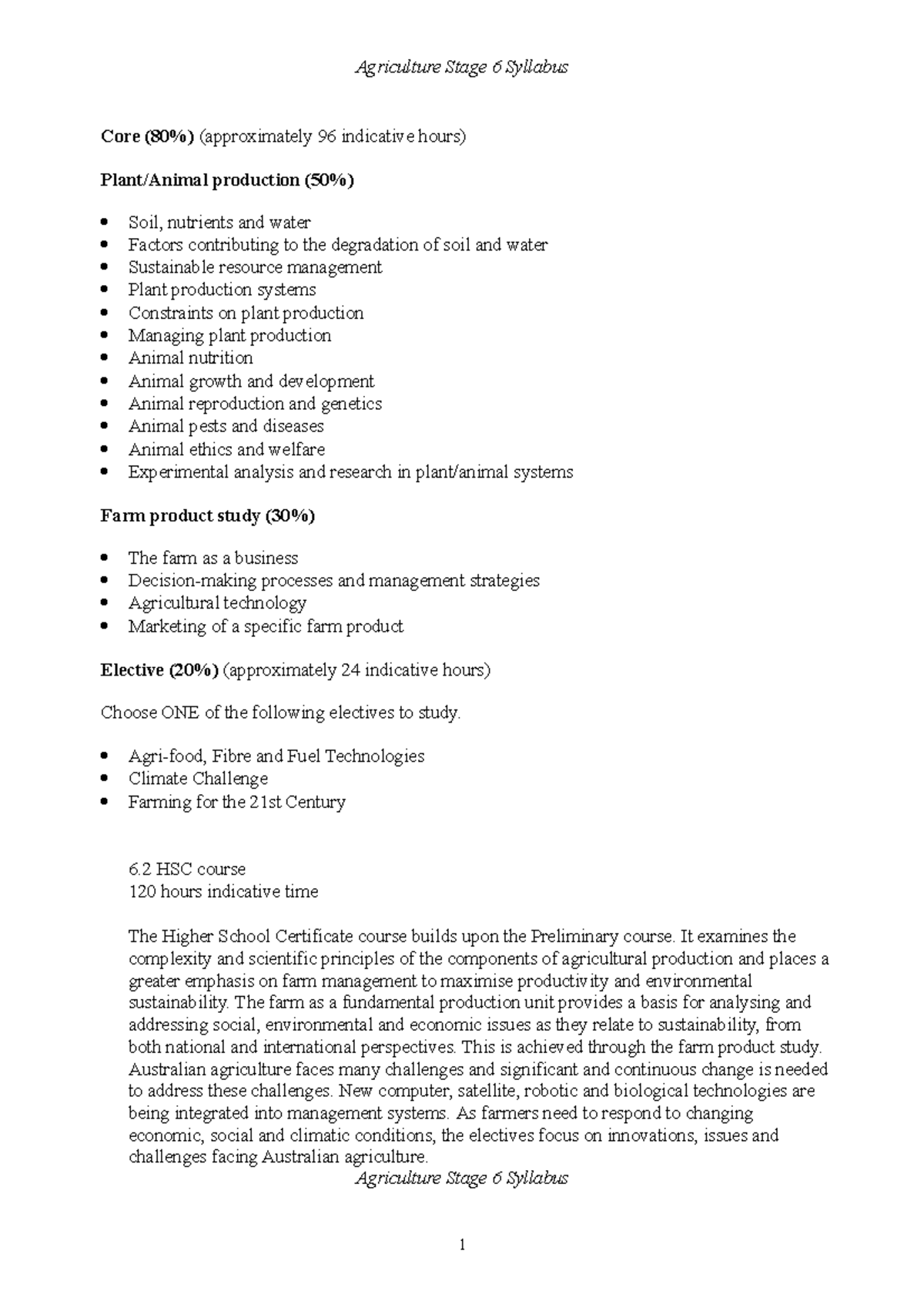 Ag syllabus edited - Agriculture Stage 6 Syllabus 1 Core (80% ...