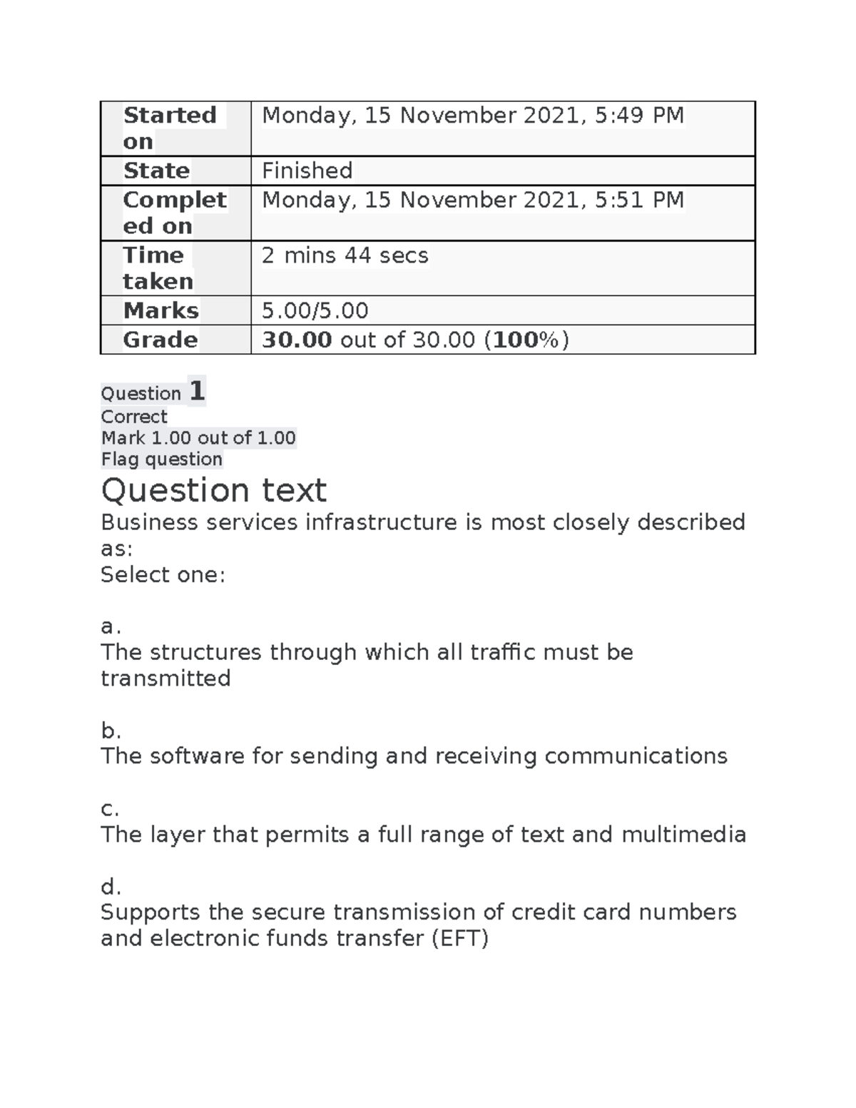 Ecommerce quiz week 1 BUS 2202 - Started on Monday, 15 November 2021, 5 ...