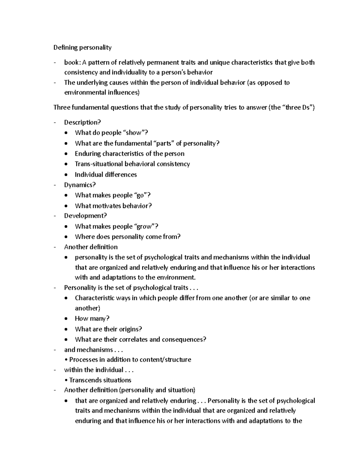 Exam 1 370 Study Guide - Defining personality book: A pattern of ...