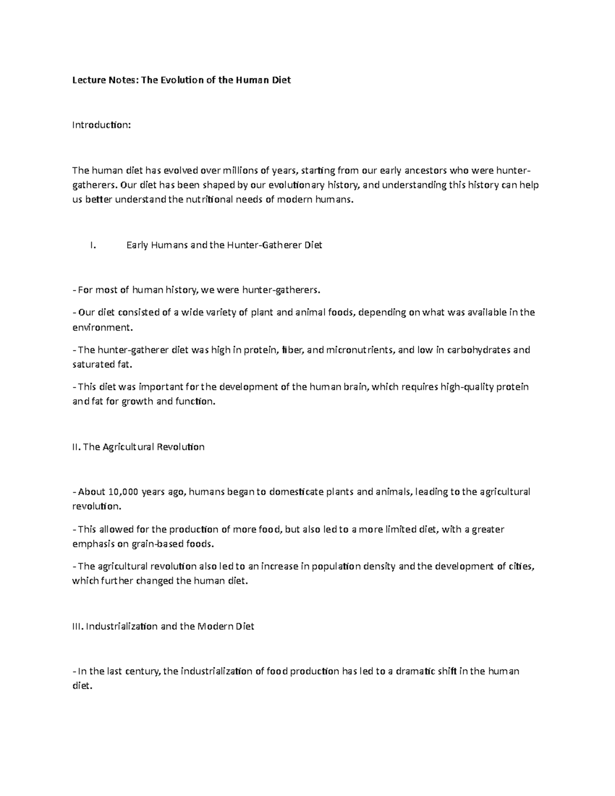 Lecture Notes: The Evolution of the Human Diet - Lecture Notes: The ...