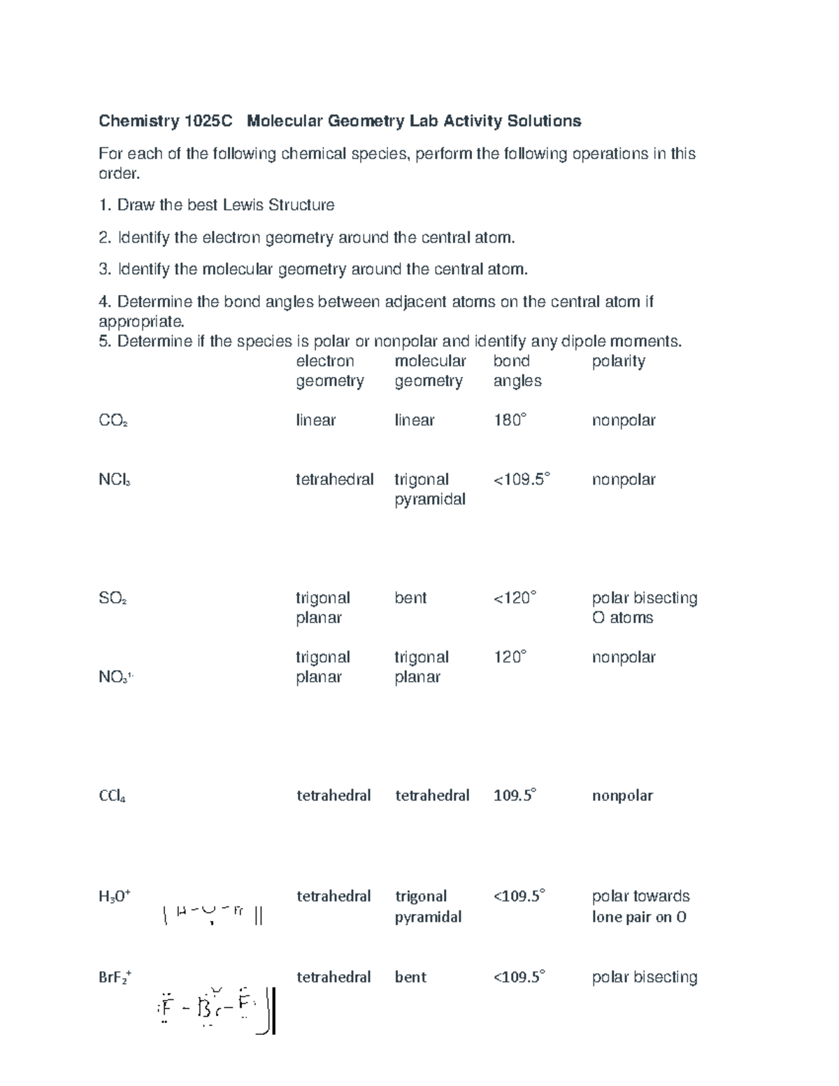 CHM 1025C Molecular Geomatry Lab Solutions - Chemistry 1025C Molecular Geometry Lab Activity ...